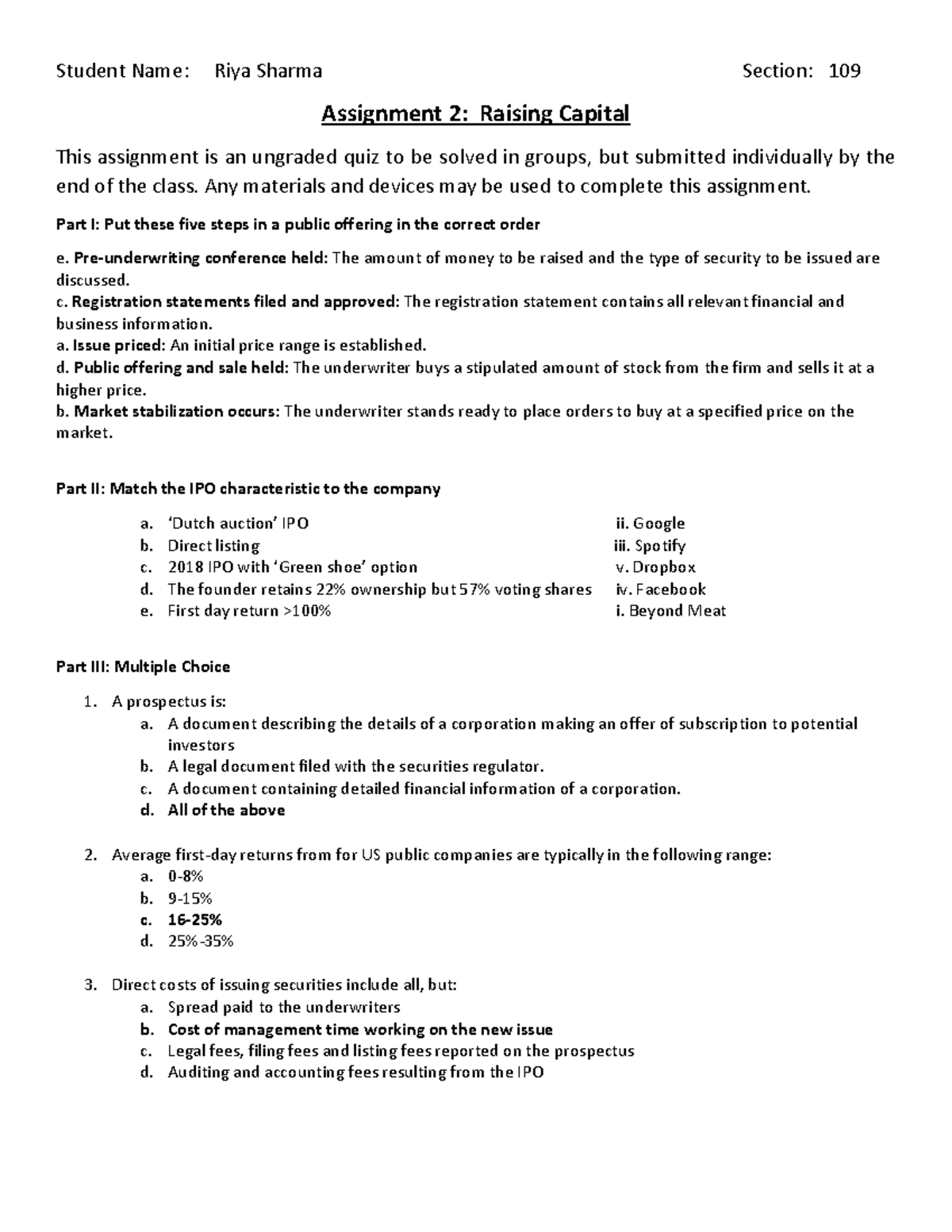 Worksheet for Assignment 2 Raising Capital-1 - Student Name: Riya Sharma Section: 109 Assignment ...