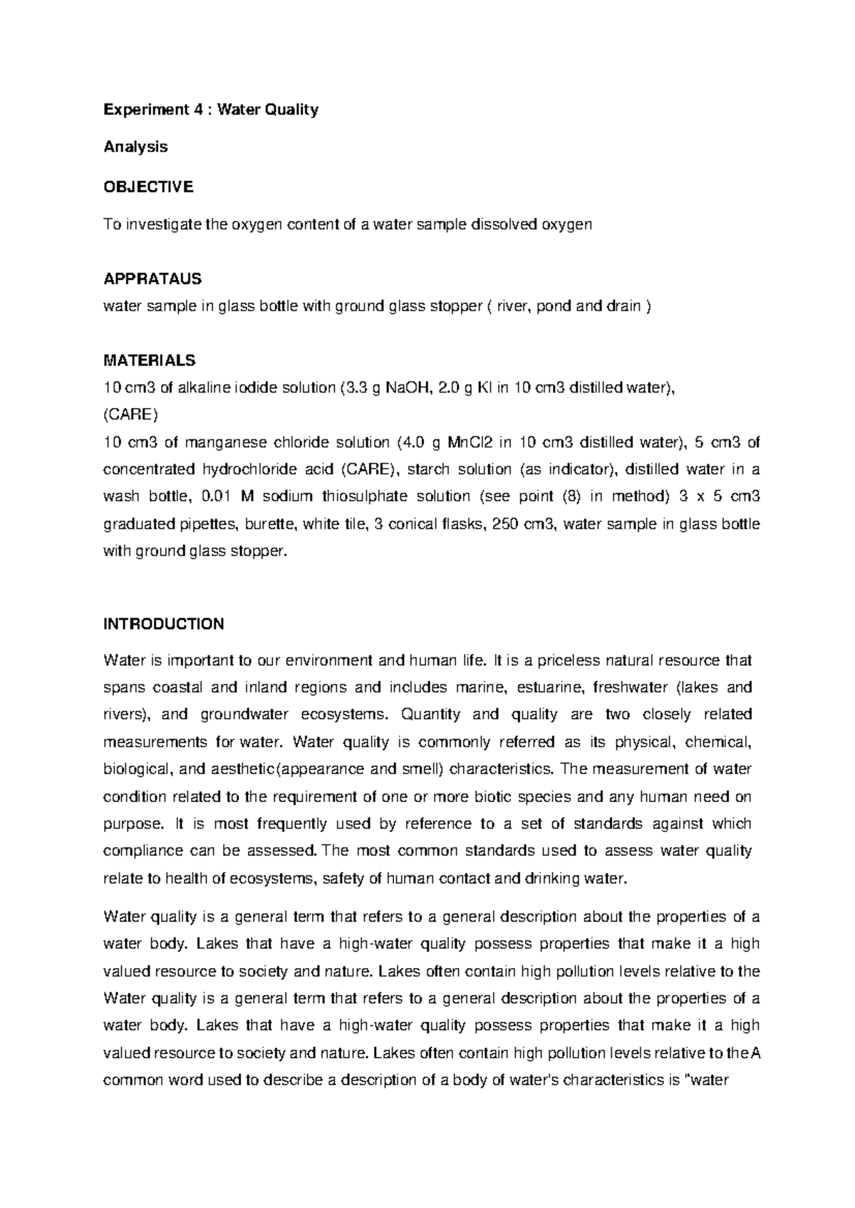 Water quality analysis - Experiment 4 : Water Quality Analysis ...