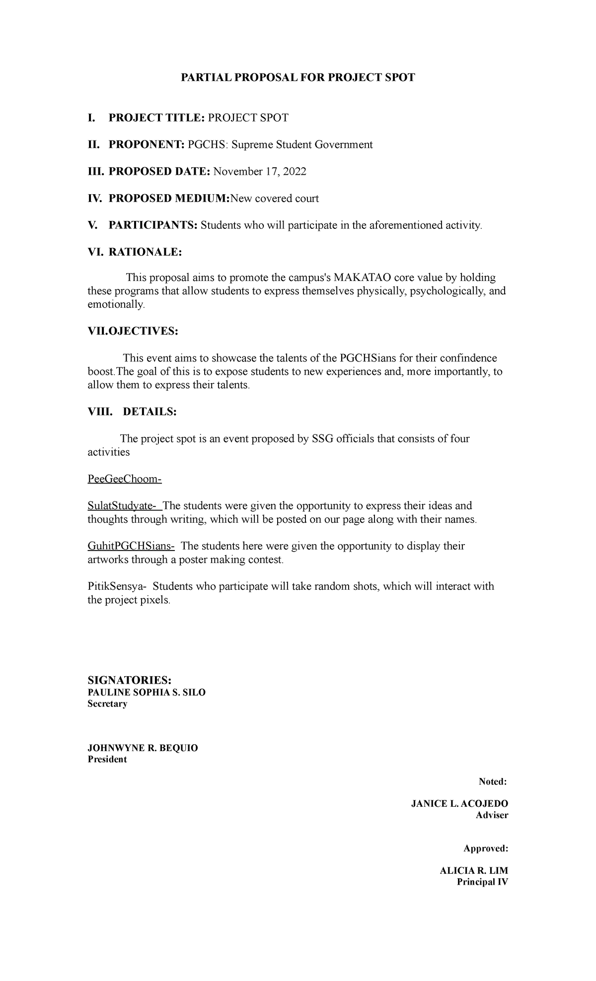 Partial Proposal FOR Project SPOT - PARTIAL PROPOSAL FOR PROJECT SPOT I. PROJECT TITLE: PROJECT ...