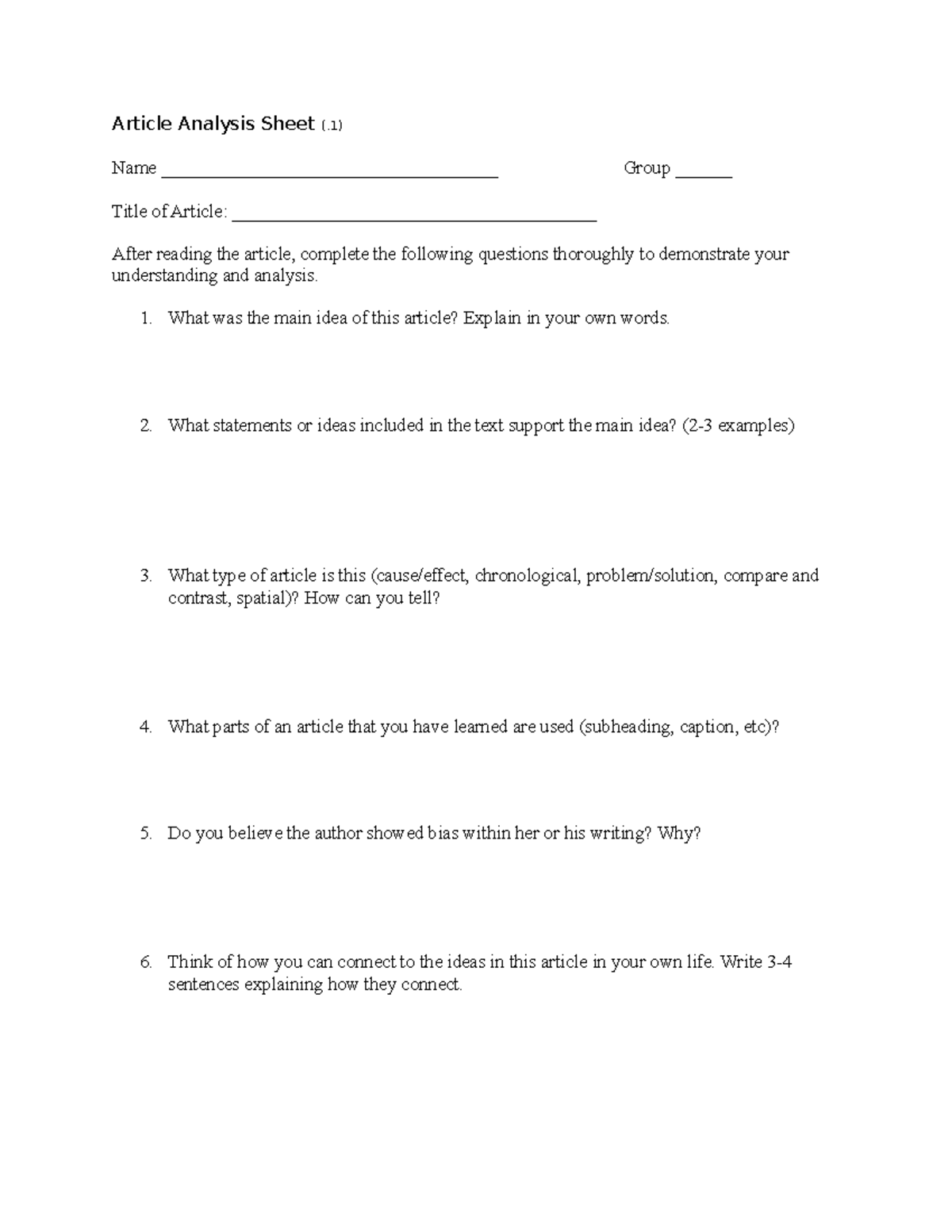 Article worksheet - Article Analysis Sheet (.1) Name