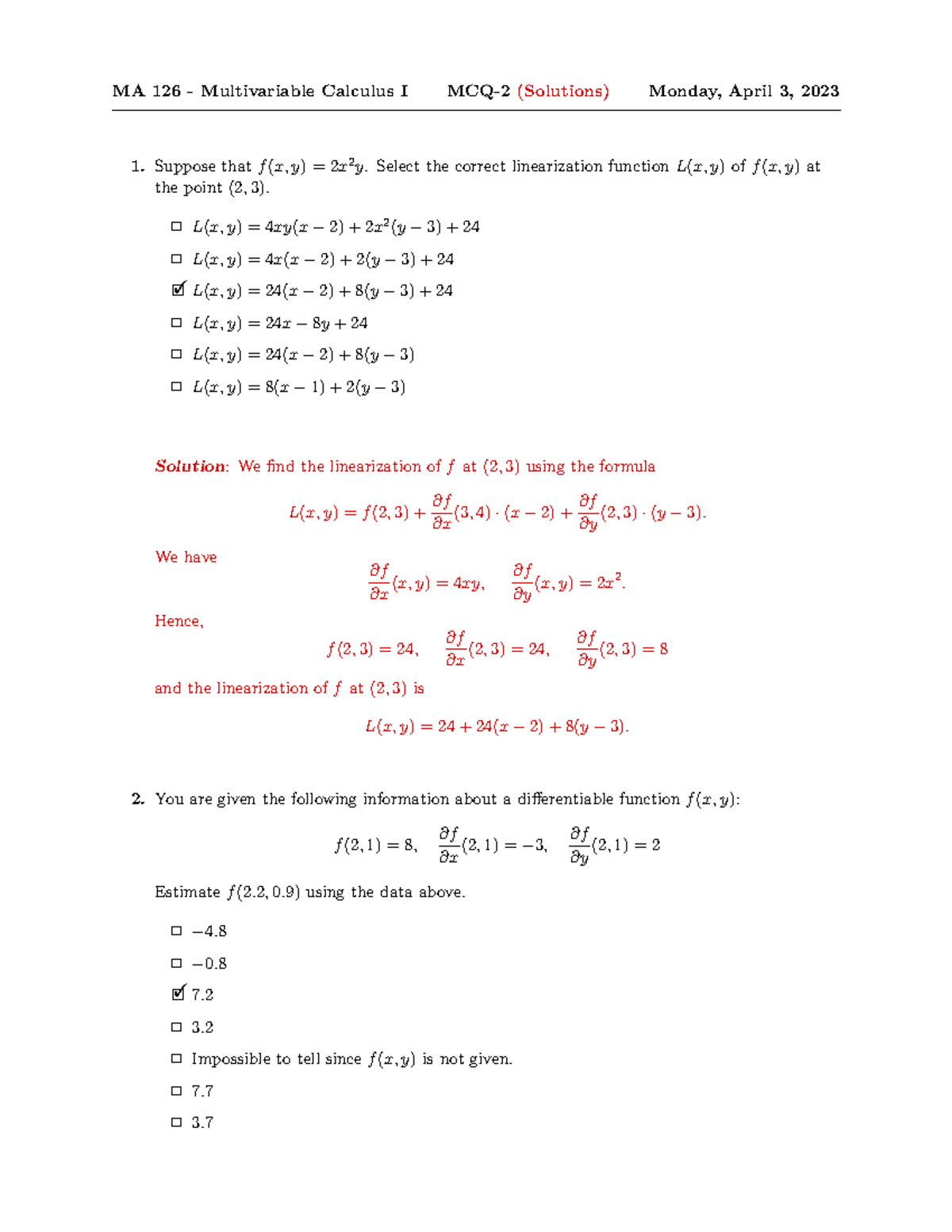 MCQ-2 sol v2 - weekly short quizzes - MA 126 - Multivariable Calculus I MCQ-2 (Solutions) Monday ...