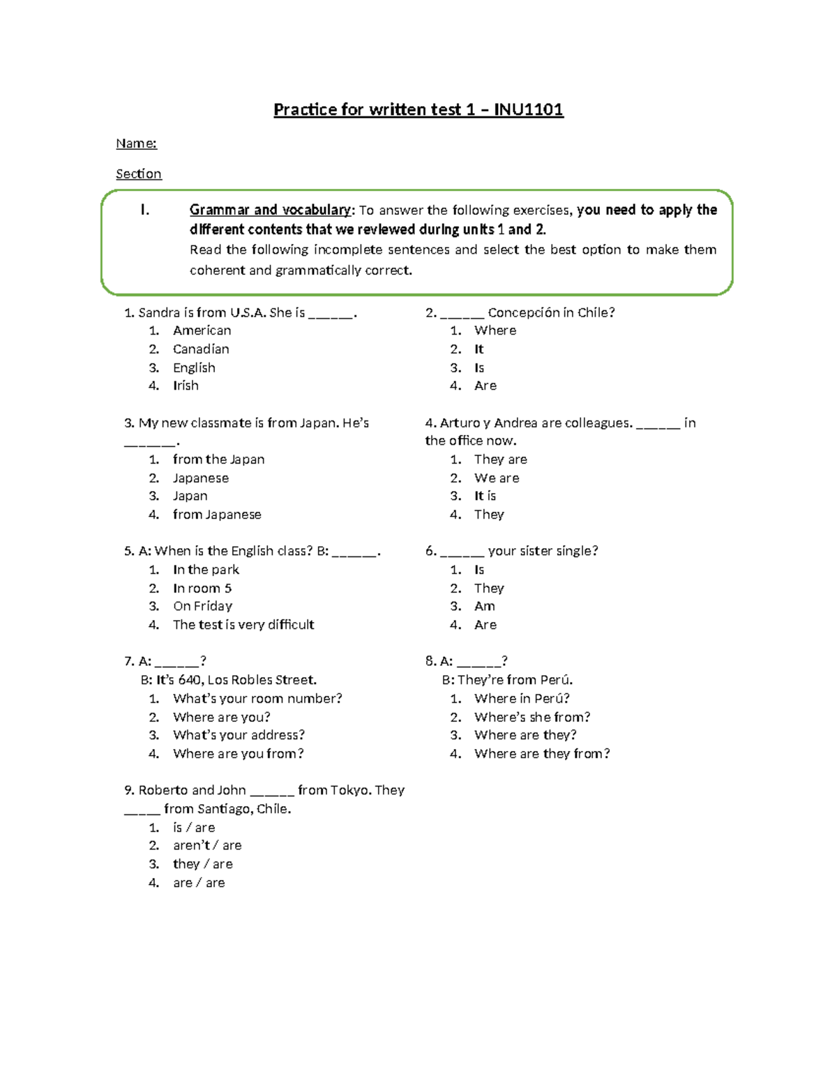 Written Practice -TEST 1 - Practice for written test 1 – INU Name ...