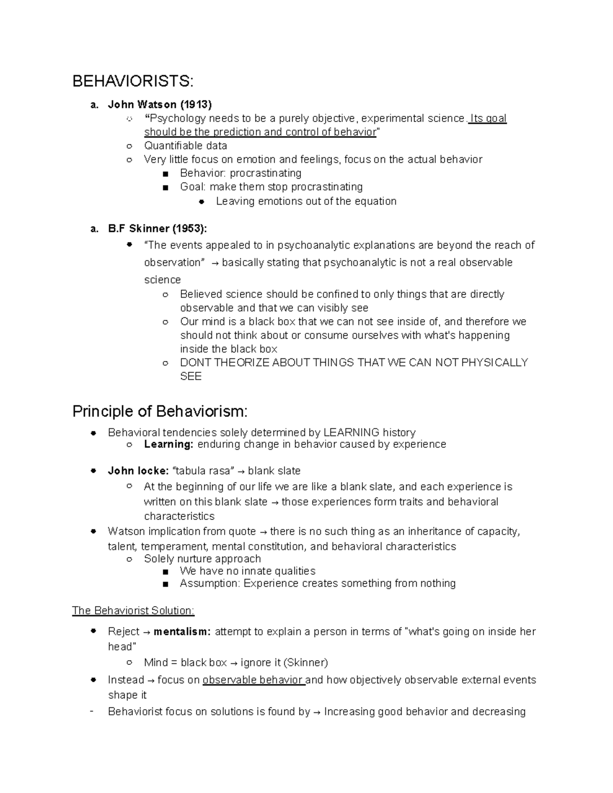 Personality EXAM 2 Review - BEHAVIORISTS: a. John Watson (1913 ...
