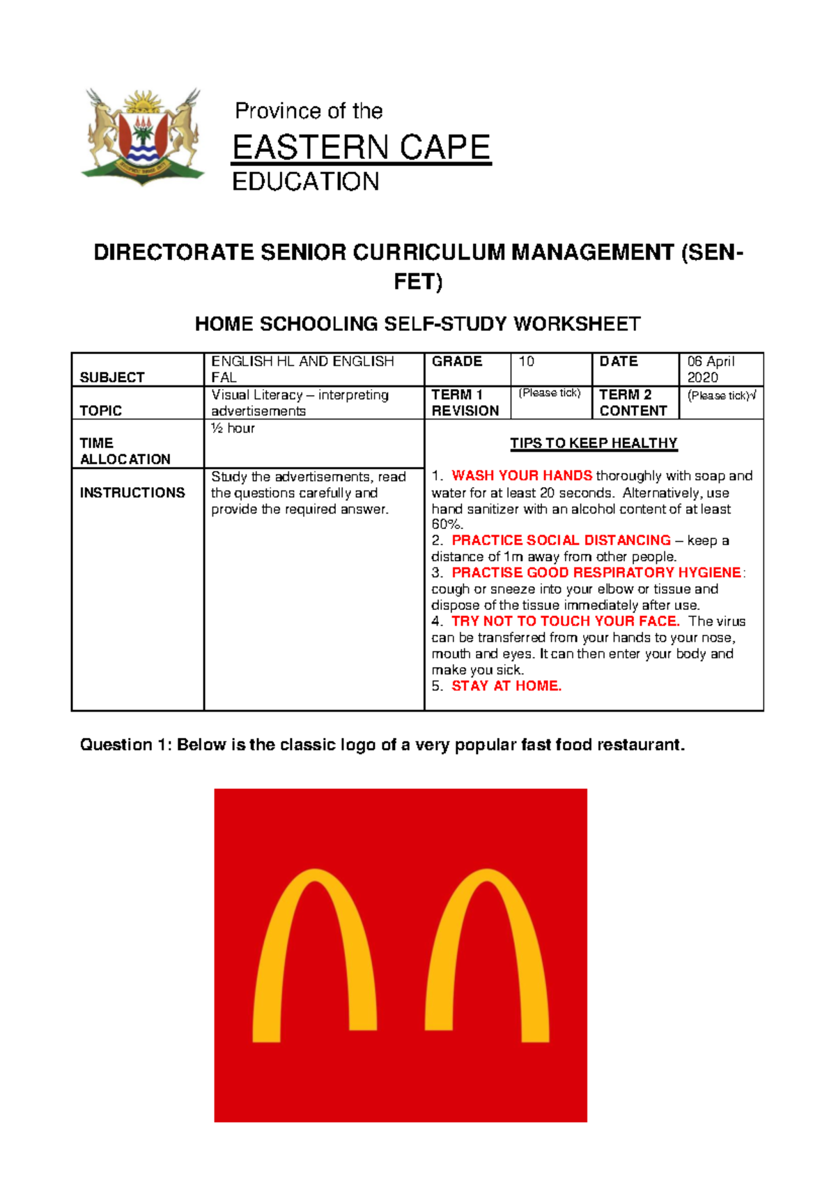 English HL or English FAL Grades 10 Worksheet Visual Literacy ...