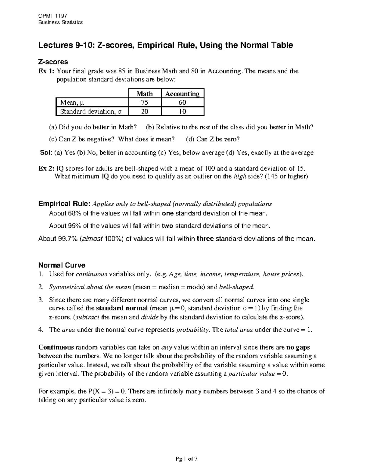 Lecture 9-10Notes - Business Statistics Lectures 9-10: Z-scores ...