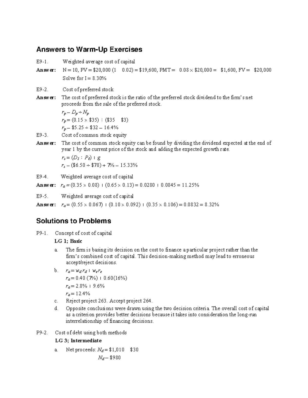 Chapter 9 managerial fianance by lawrence gitman - Answers to Warm-Up ...