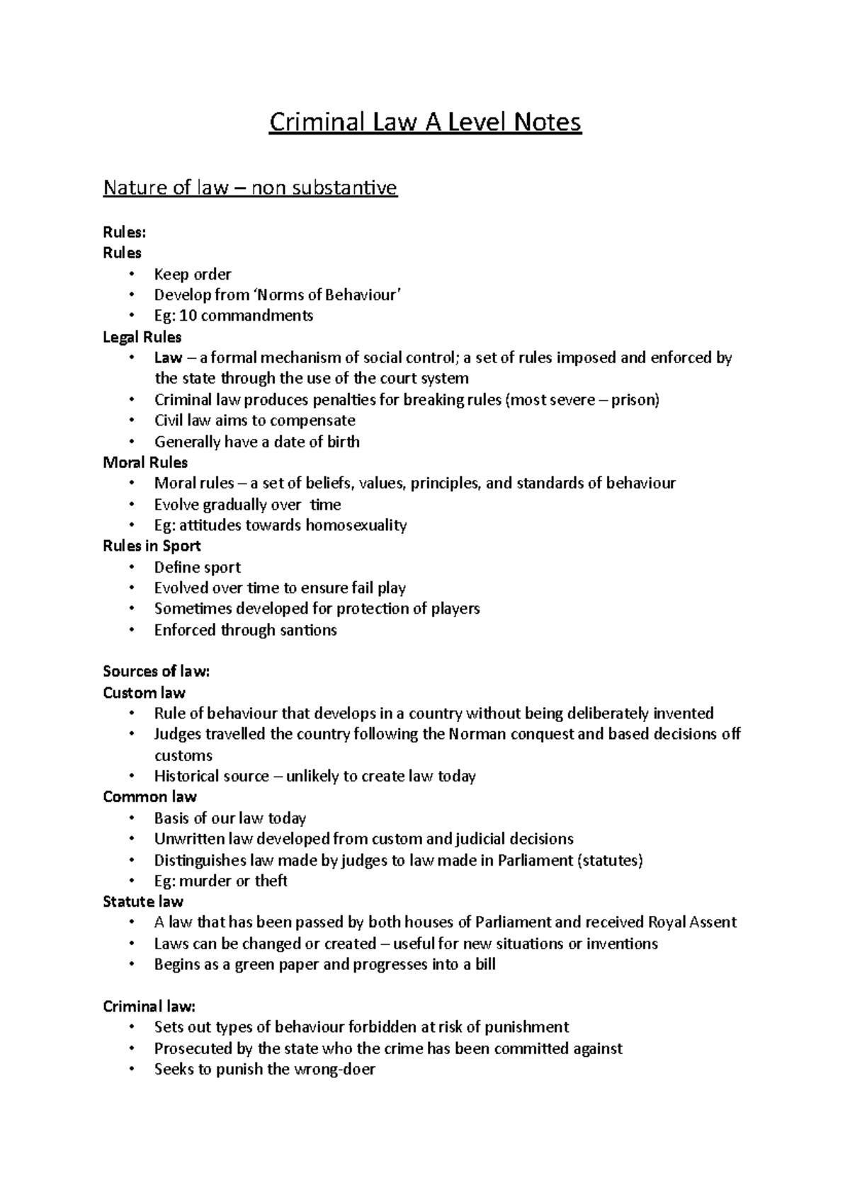 Criminal Law A Level Notes - Criminal Law A Level Notes Nature of law ...