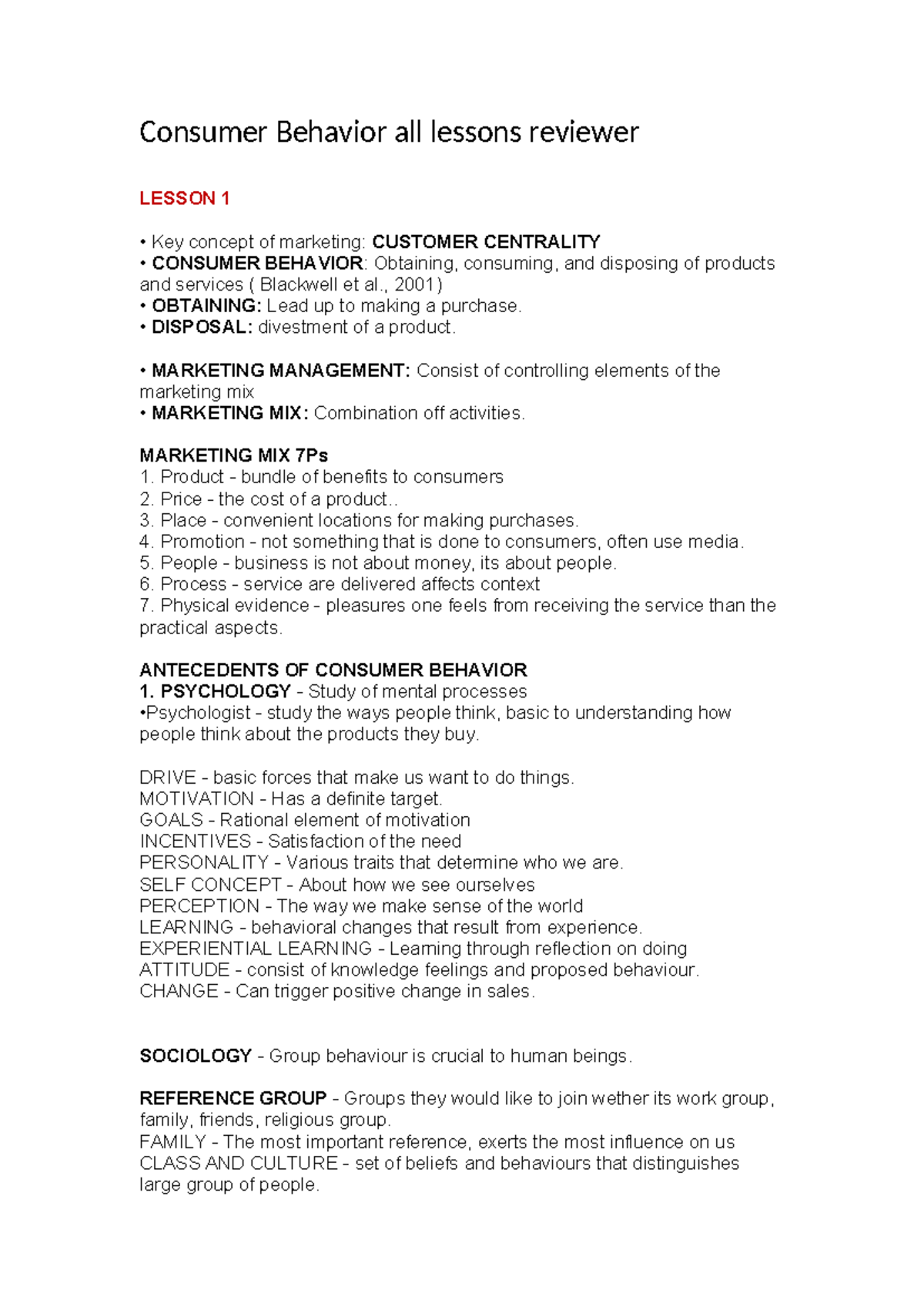 Consumer Behavior all lessons reviewer - , 2001) OBTAINING: Lead up to ...