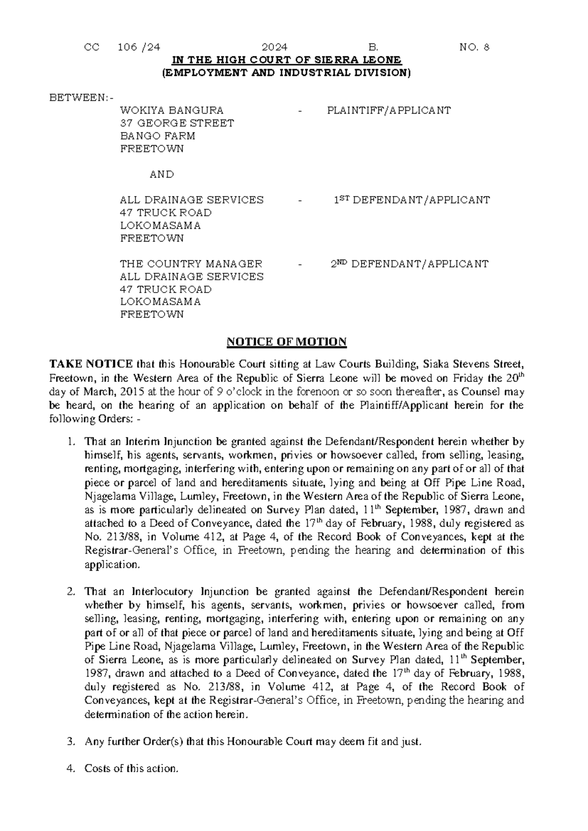 Motion FOR Injunction Birch Conteh - CC 106 / 24 2024 B. NO. 8 IN THE ...