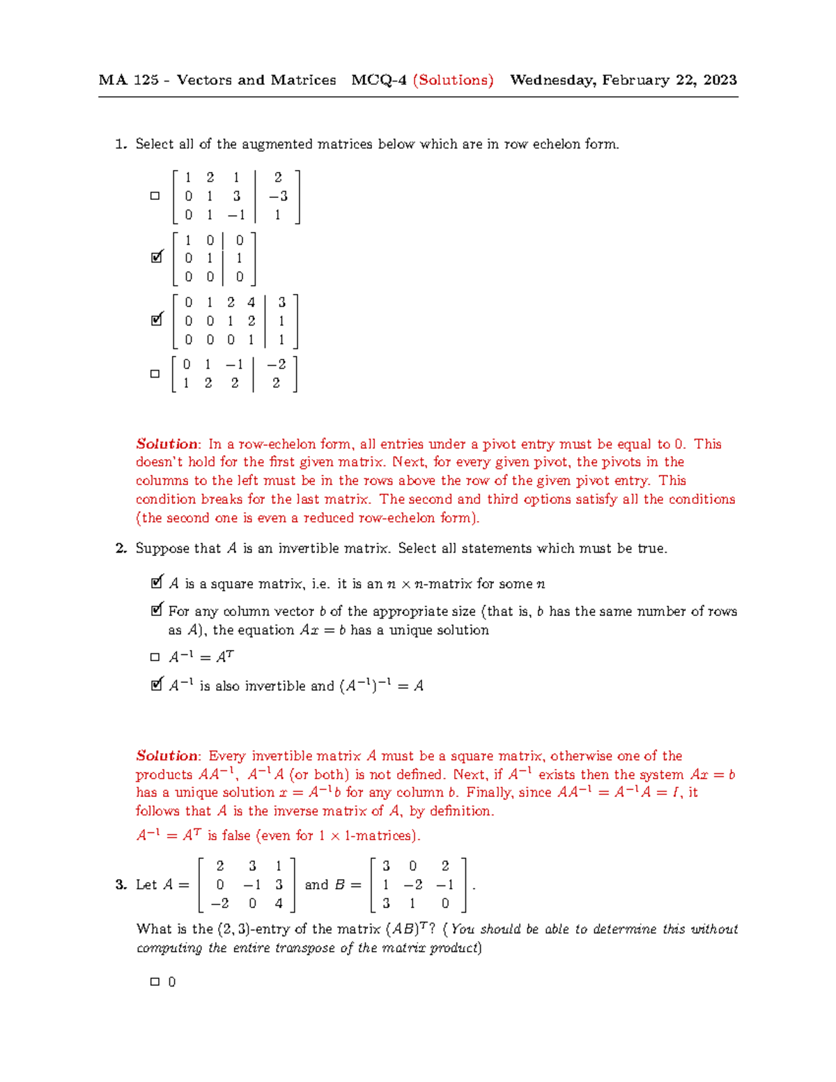MCQ-4 Solutions - Professor: Denis Serbin - MA 125 - Vectors and ...