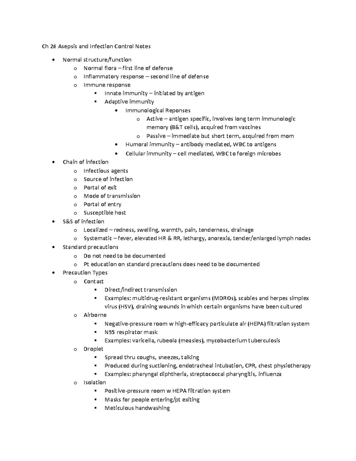 Nursing Ch 26 Asepsis and Infection Control Notes - Ch 26 Asepsis and ...