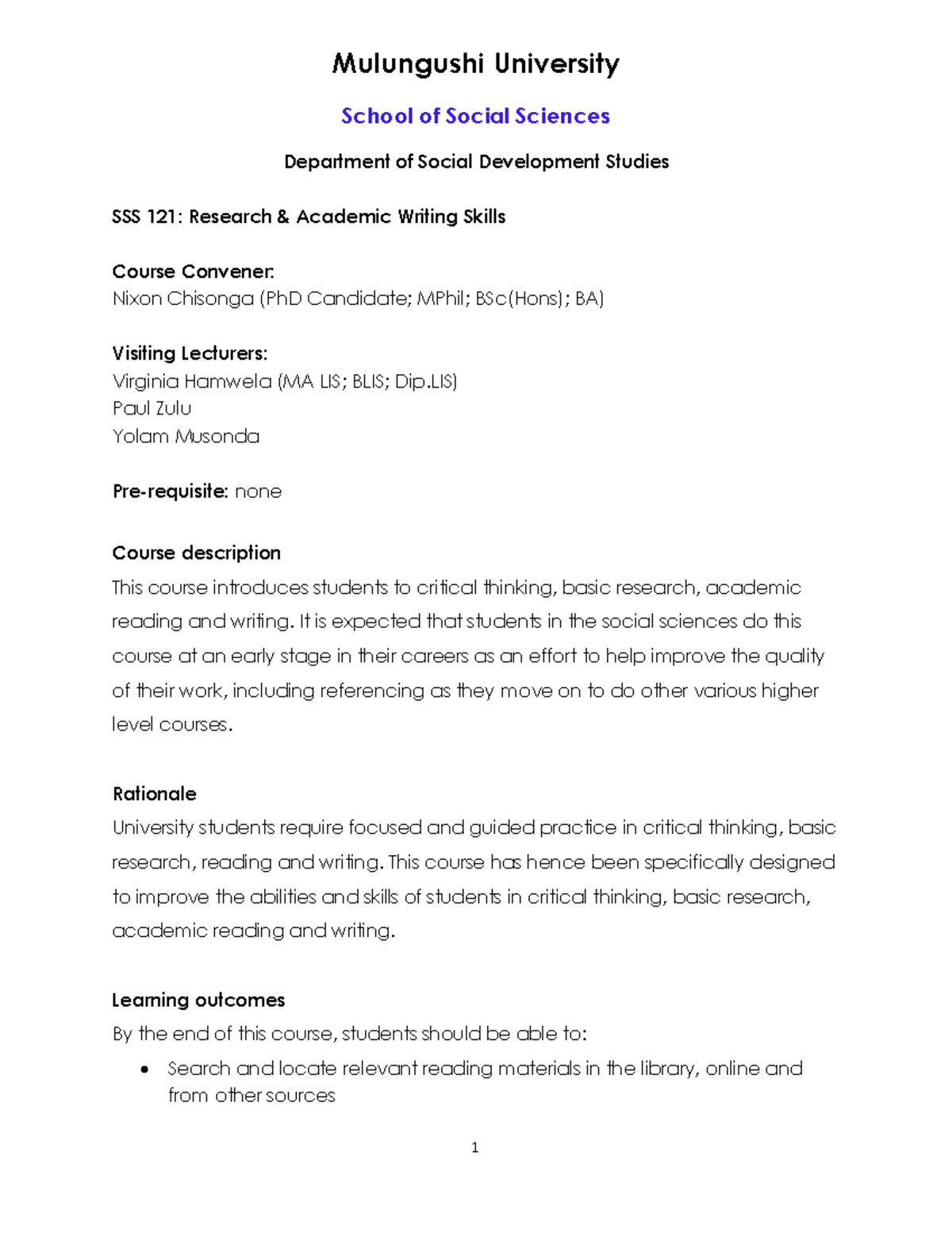 SSS 121 Research and Academic Writing Skills Course Outline ...