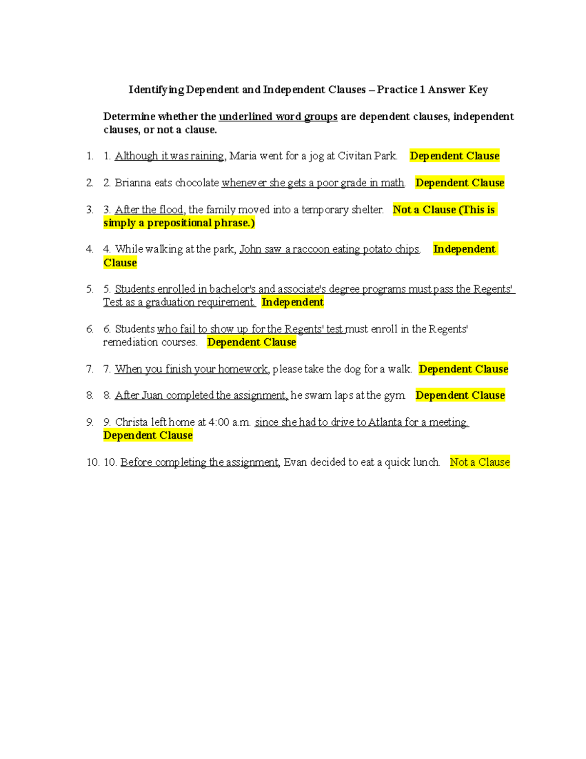 Identifying Clauses - Practice 1 Answer Key - Identifying Dependent and ...