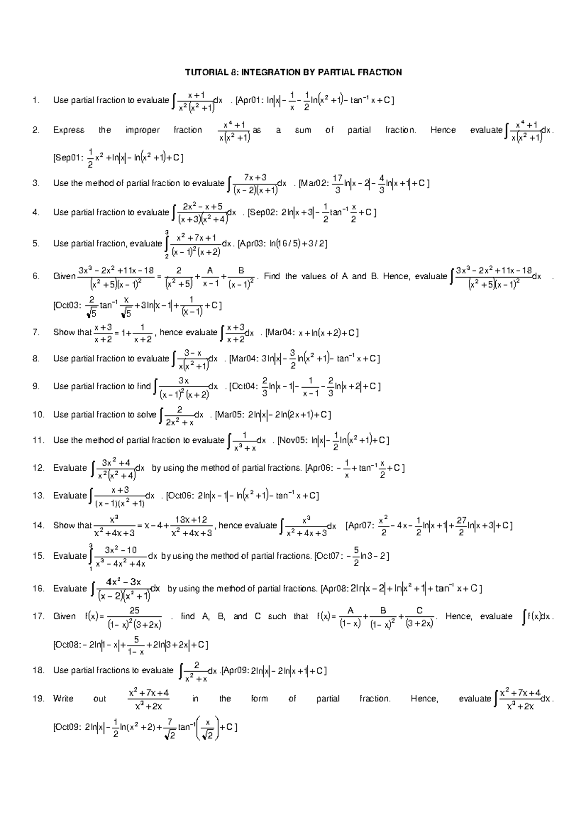 Tutorial 8 - practice question - TUTORIAL 8 : INTEGRATION BY PARTIAL ...