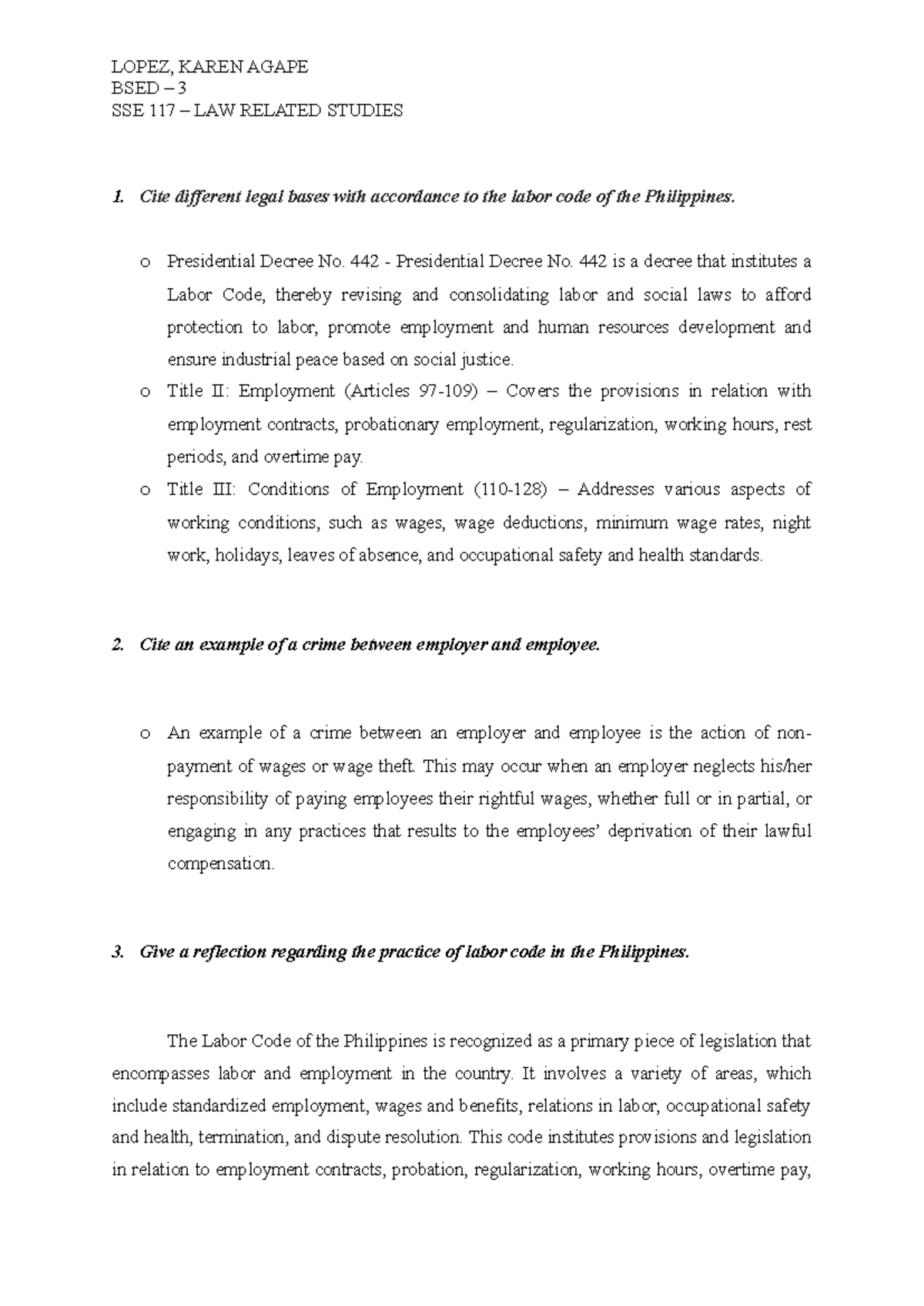 Activity-legal bases of the labor code - LOPEZ, KAREN AGAPE BSED – 3 ...