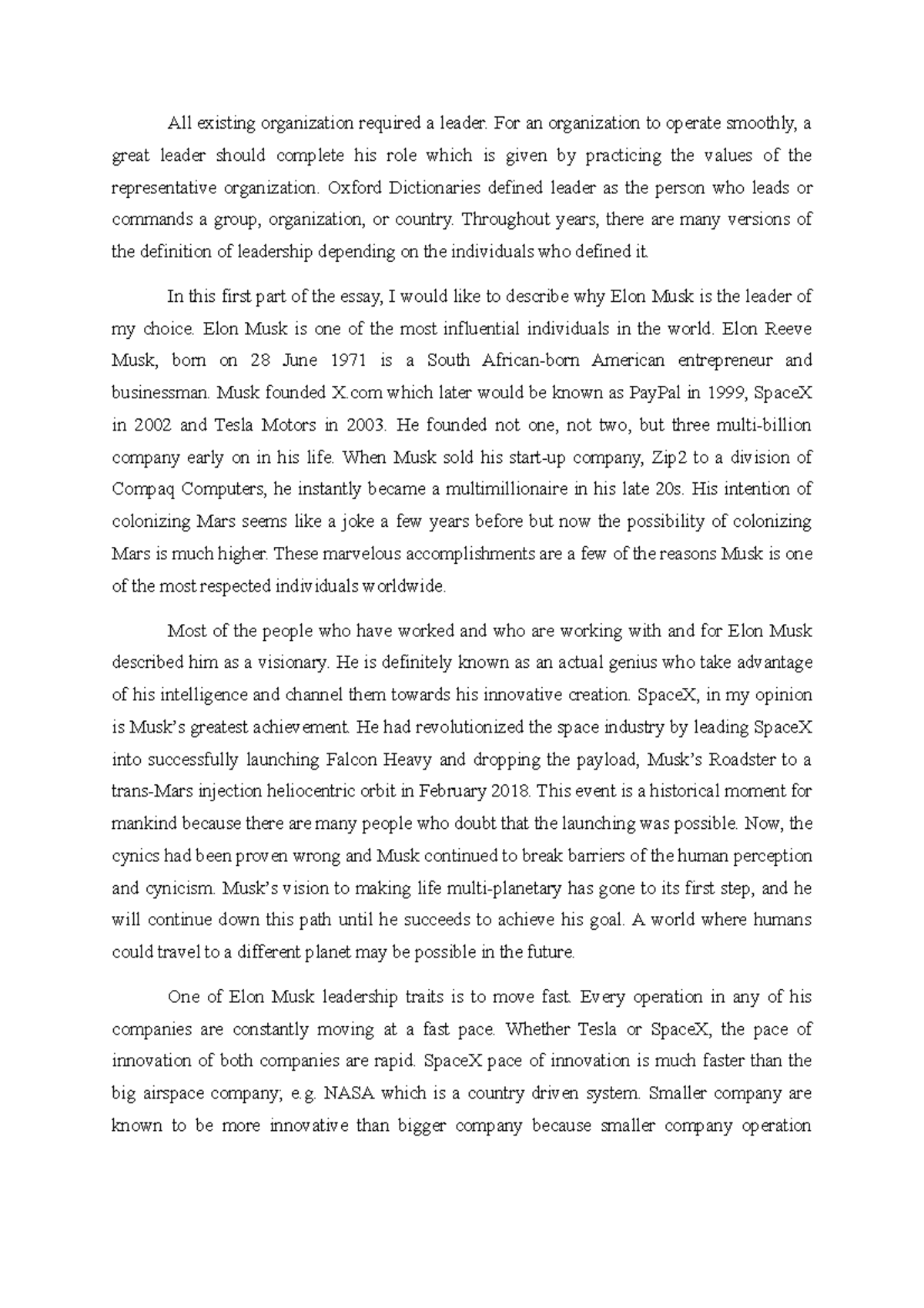 Management essay Elon Musk ...