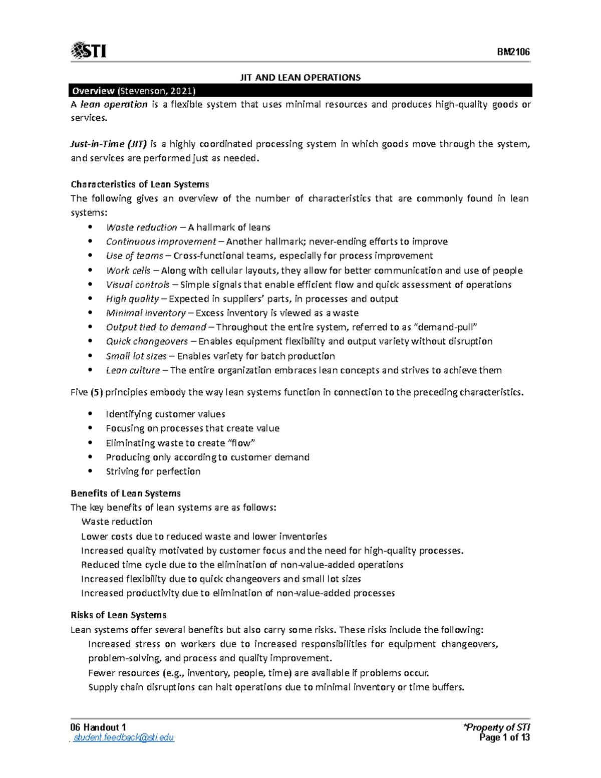 06 Handout 1 - for special topics - JIT AND LEAN OPERATIONS Overview ...
