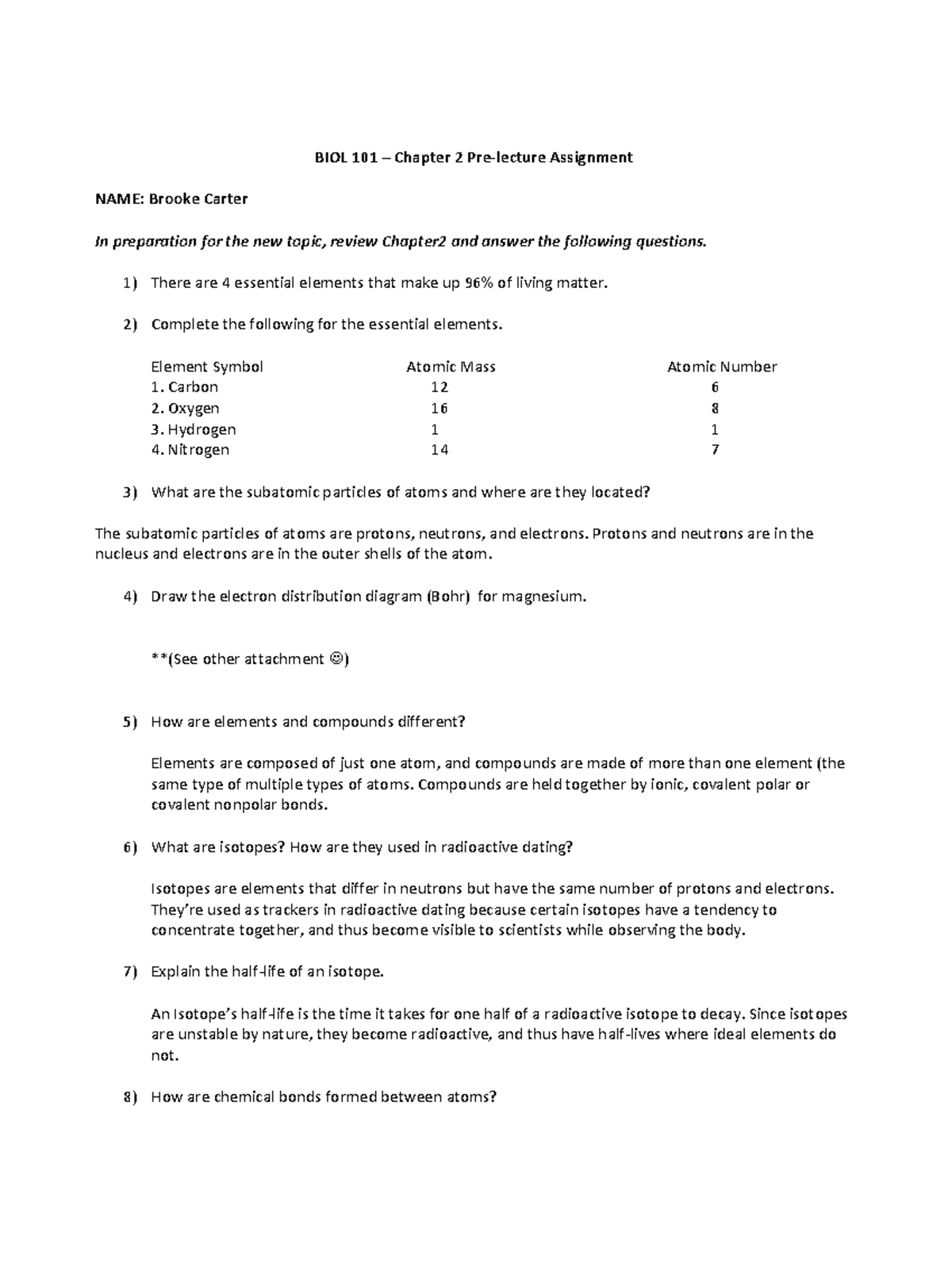 Chapter 2 Pre-lecture - BIOL 101 – Chapter 2 Pre-lecture Assignment NAME: Brooke Carter In - Studocu