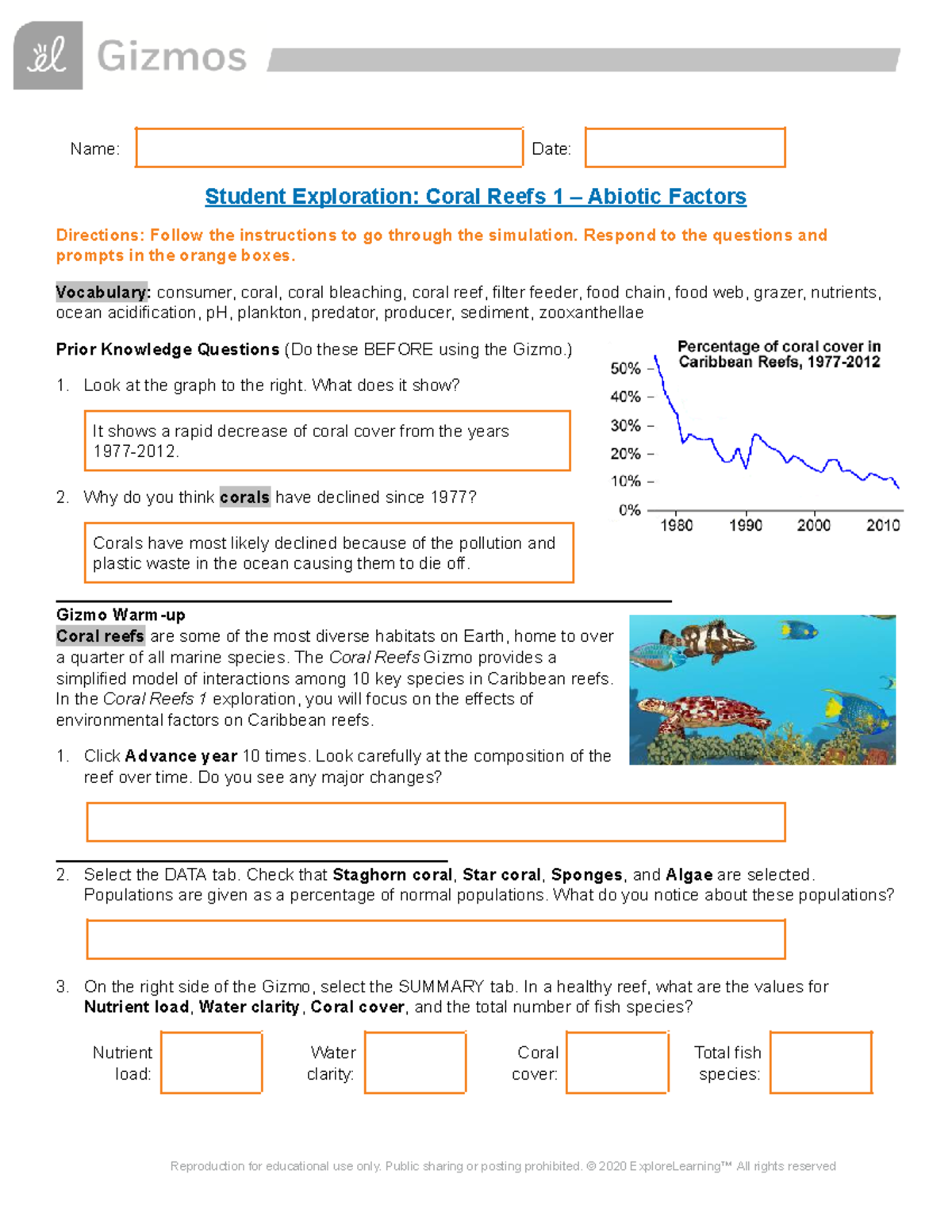 Copy of Coral Reef Abiotic Factors - Name: Date: Student Exploration ...
