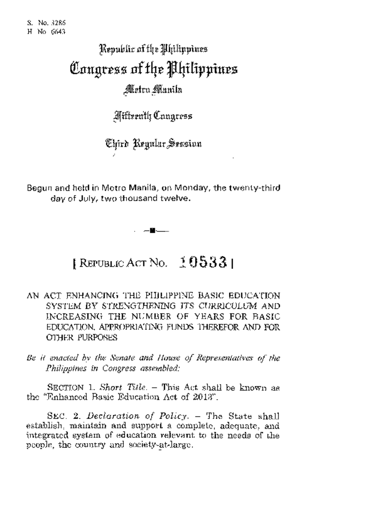 Republic ACT 10533 This Act Shall Be Known As The Enhanced Basic
