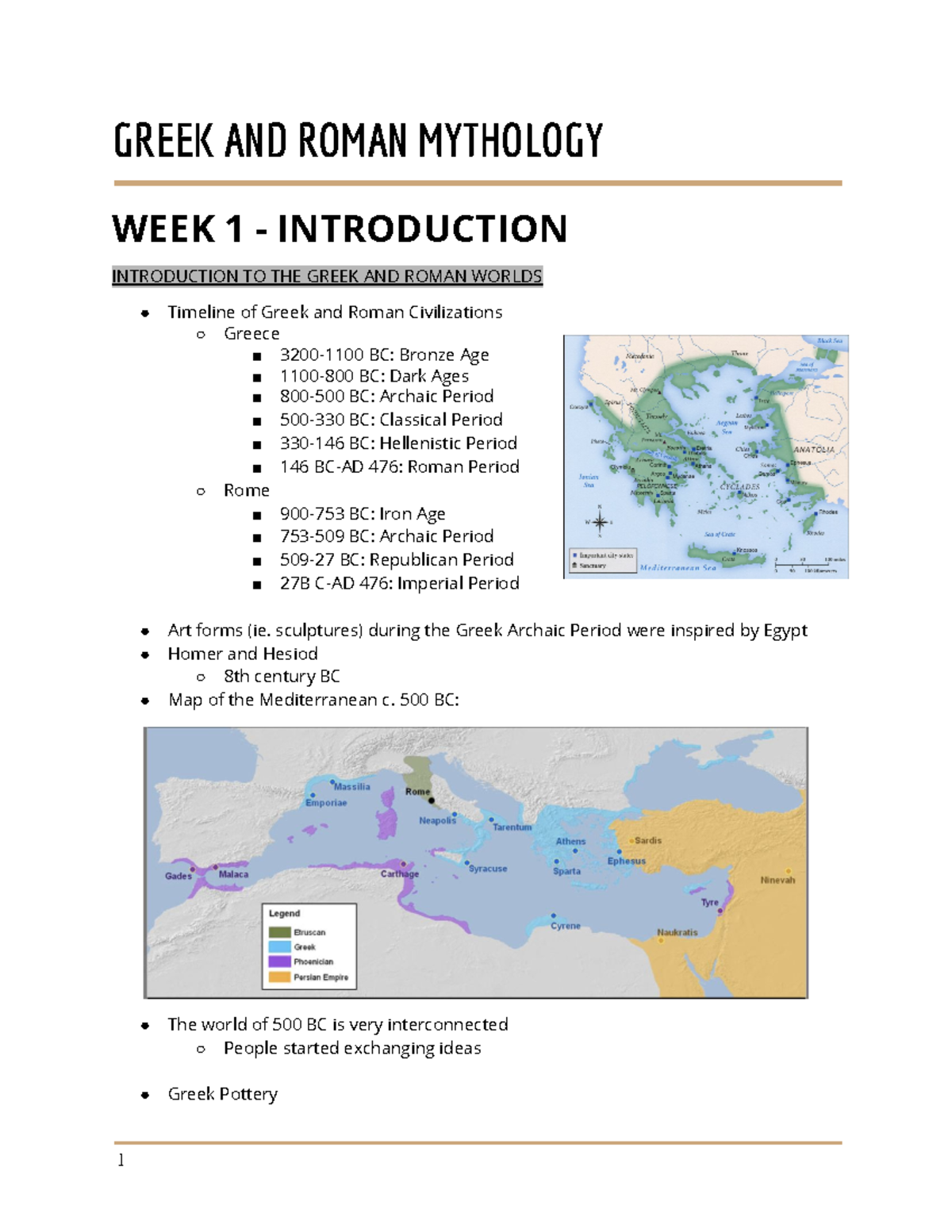 Classics 102 Course Notes for Weeks 1-11 - GREEK AND ROMAN MYTHOLOGY ...