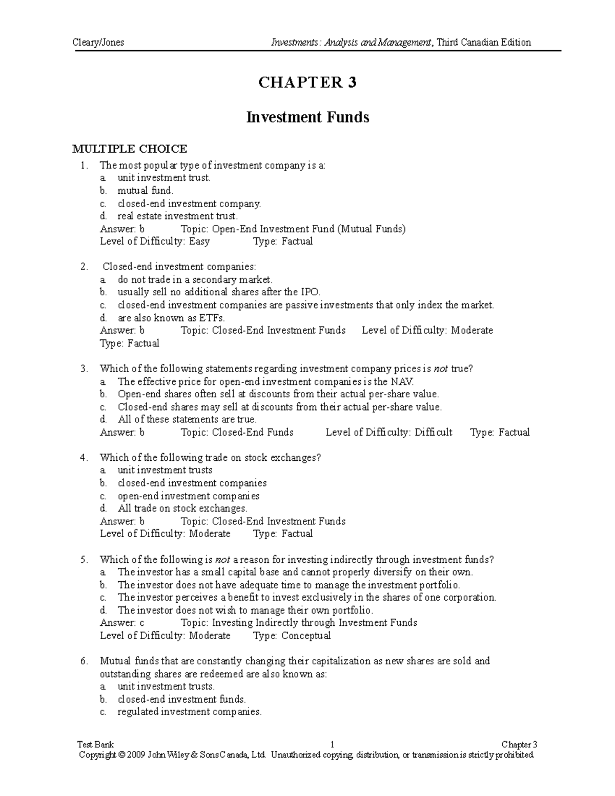 Instructor Test Bank Ch03 - CHAPTER 3 Investment Funds MULTIPLE CHOICE ...