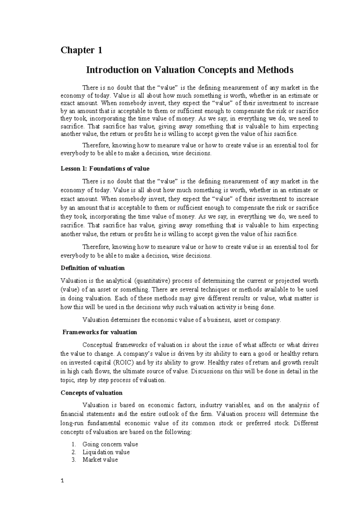 Chapter 1 Introduction on Valuation Concepts and Methods - Value is all about how much something ...