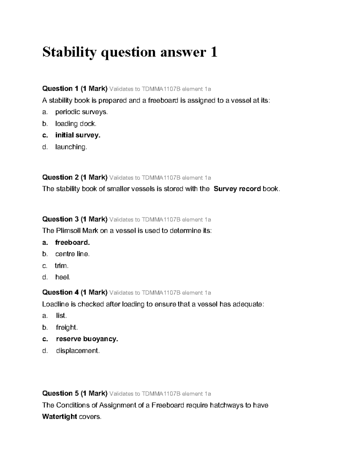 Ship Hydrodynamics solutions 2 - Stability question answer 1 Question 1 ...