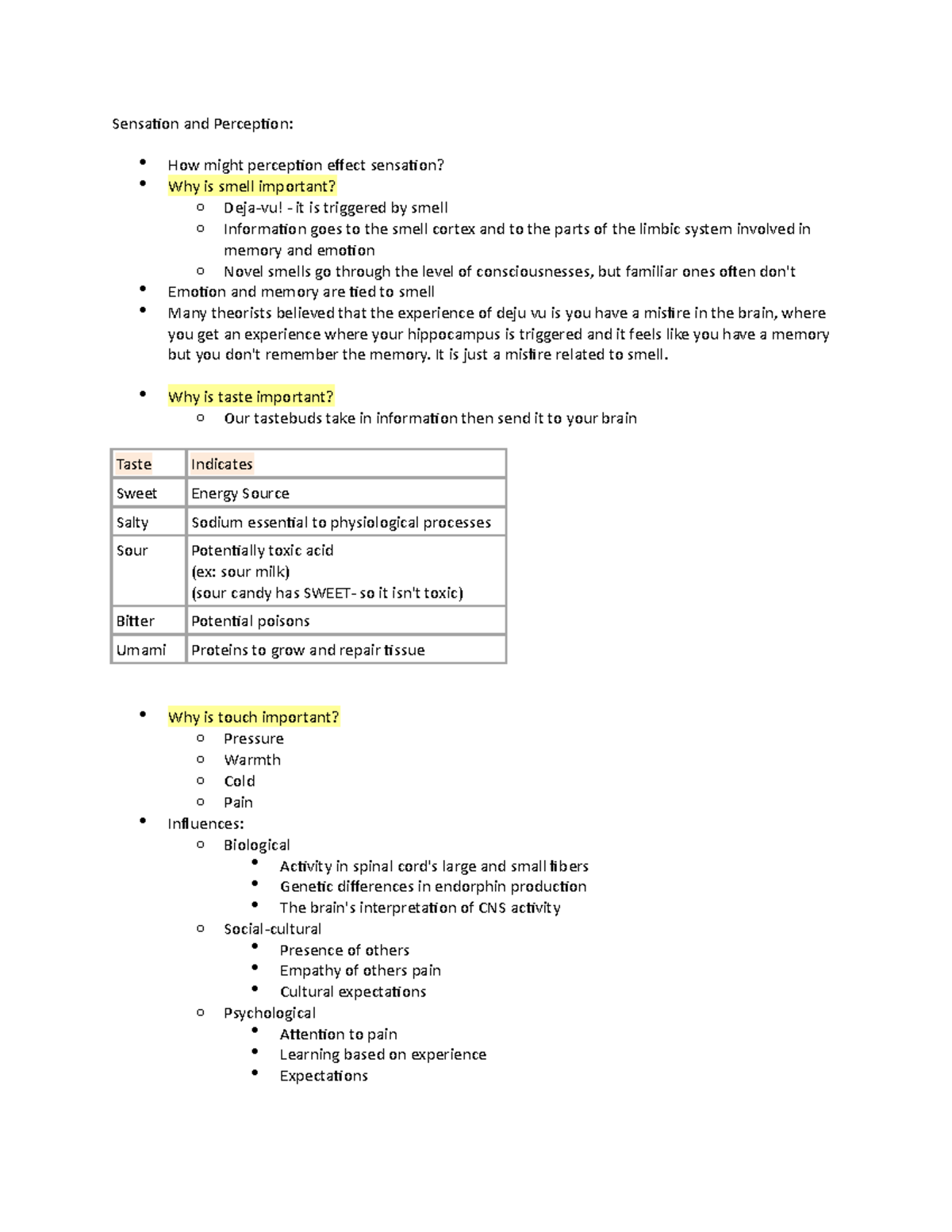 Psych 111 Sensation and Perception Notes - Sensation and Perception ...
