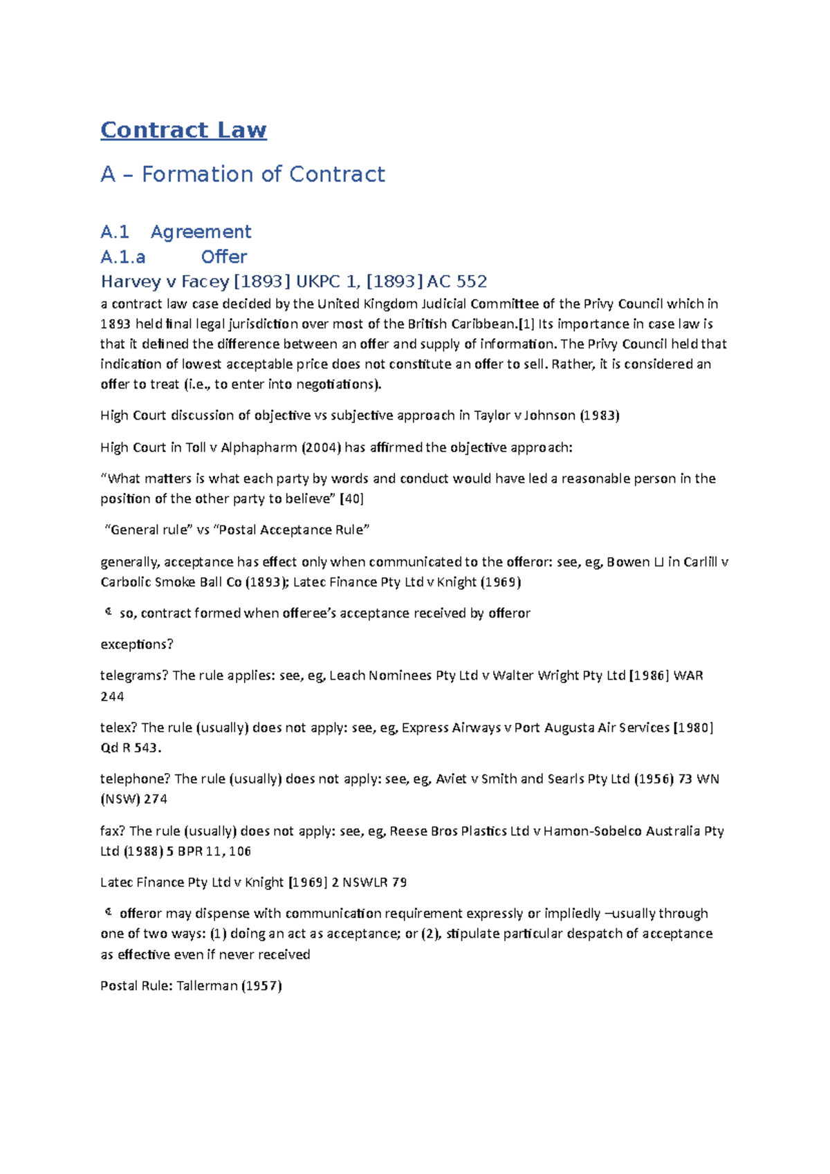 Contract Notes - Contract Law A – Formation of Contract A Agreement A.1 ...