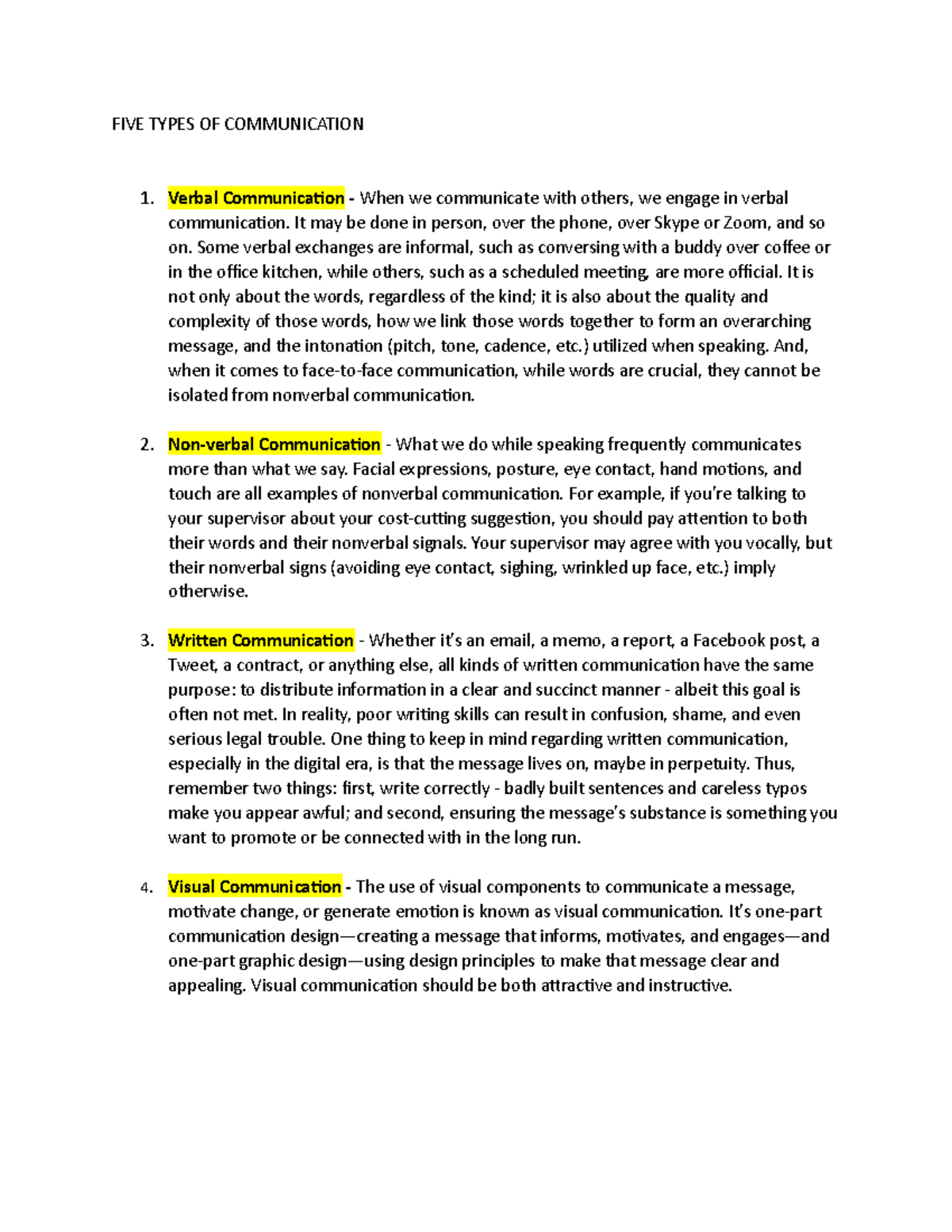 FIVE Types OF Communication - FIVE TYPES OF COMMUNICATION Verbal ...