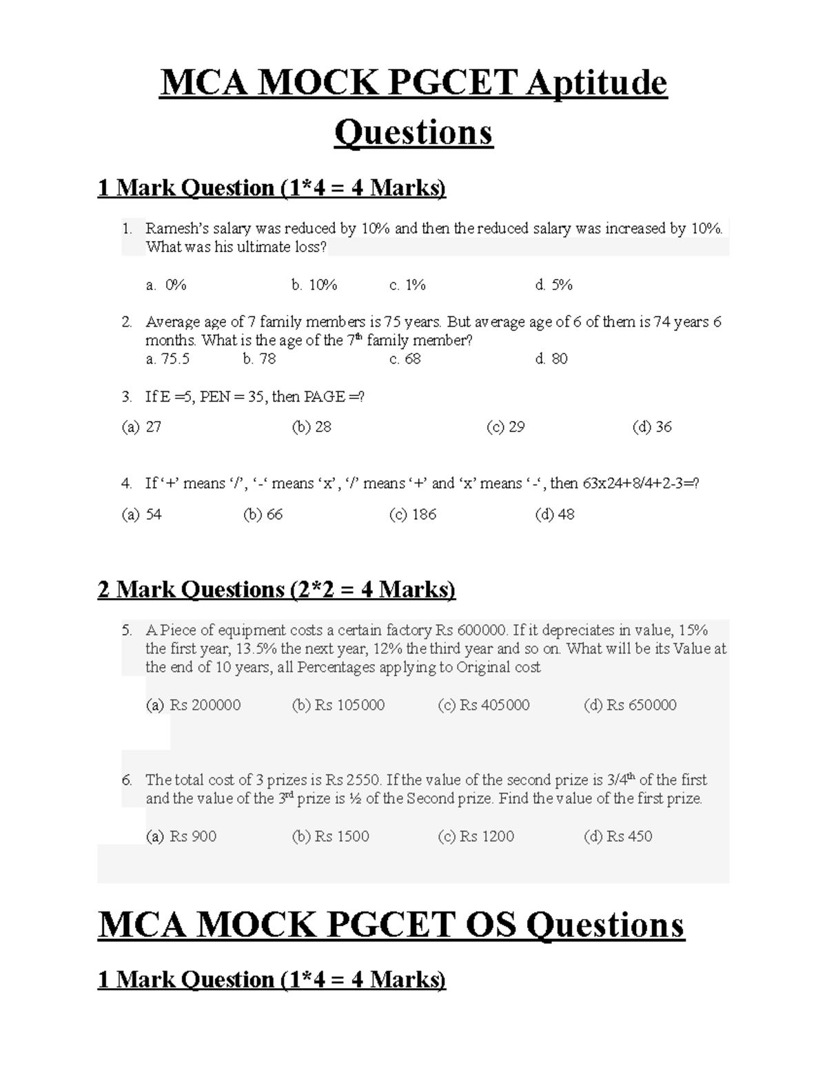 MCA mock Practice Questions - MCA MOCK PGCET Aptitude Questions 1 Mark Question (1*4 = 4 Marks ...