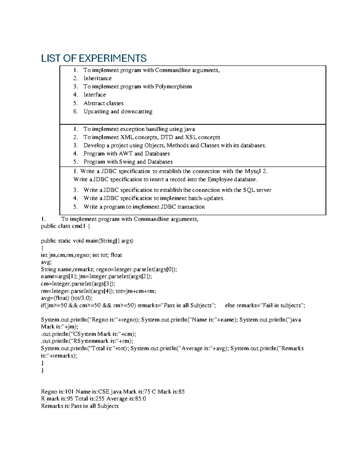 Lab manual Q1-11 - LIST OF EXPERIMENTS To implement program with Commandline arguments ...