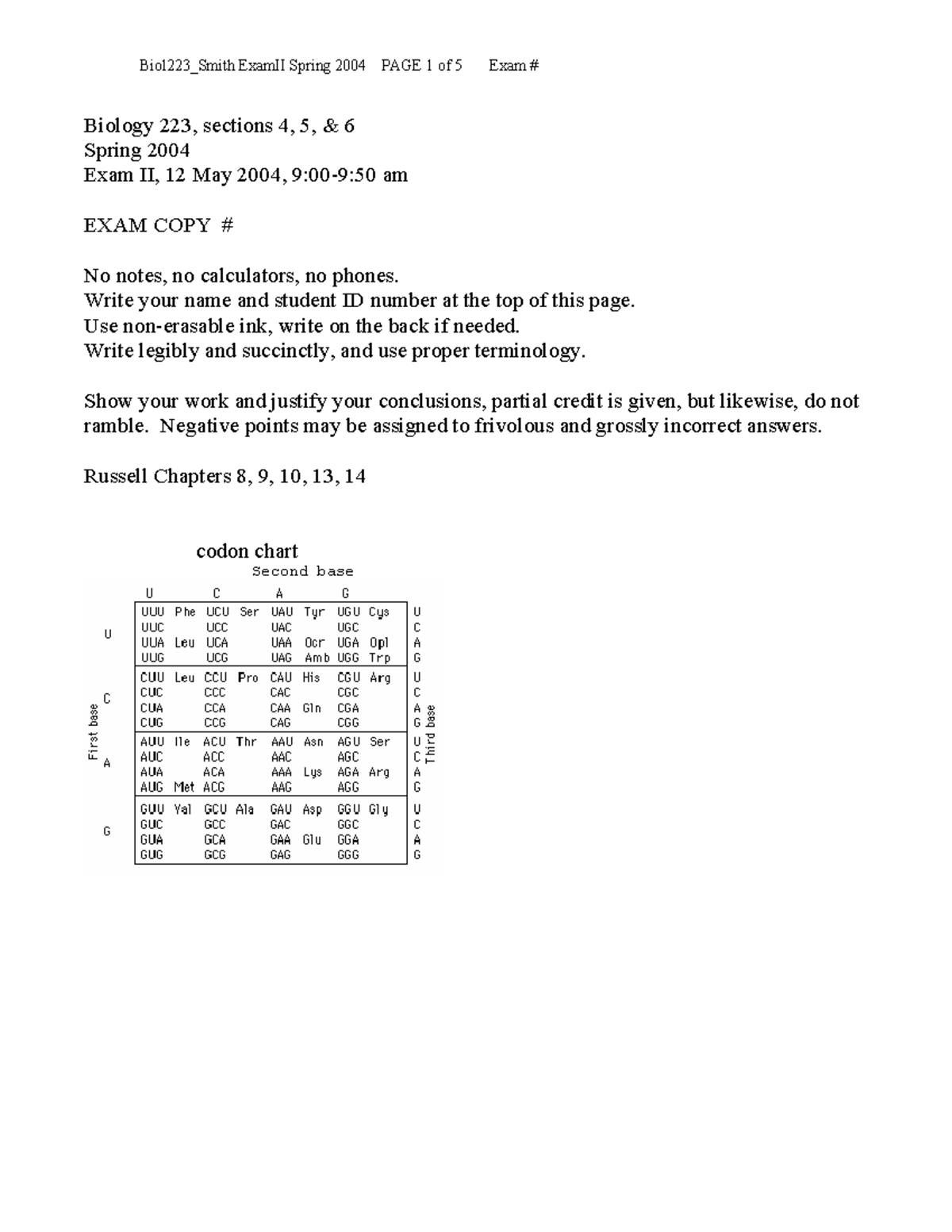 BIOL223 smith 05 2004 20 Exam II - Biology 223, sections 4, 5, & 6 ...