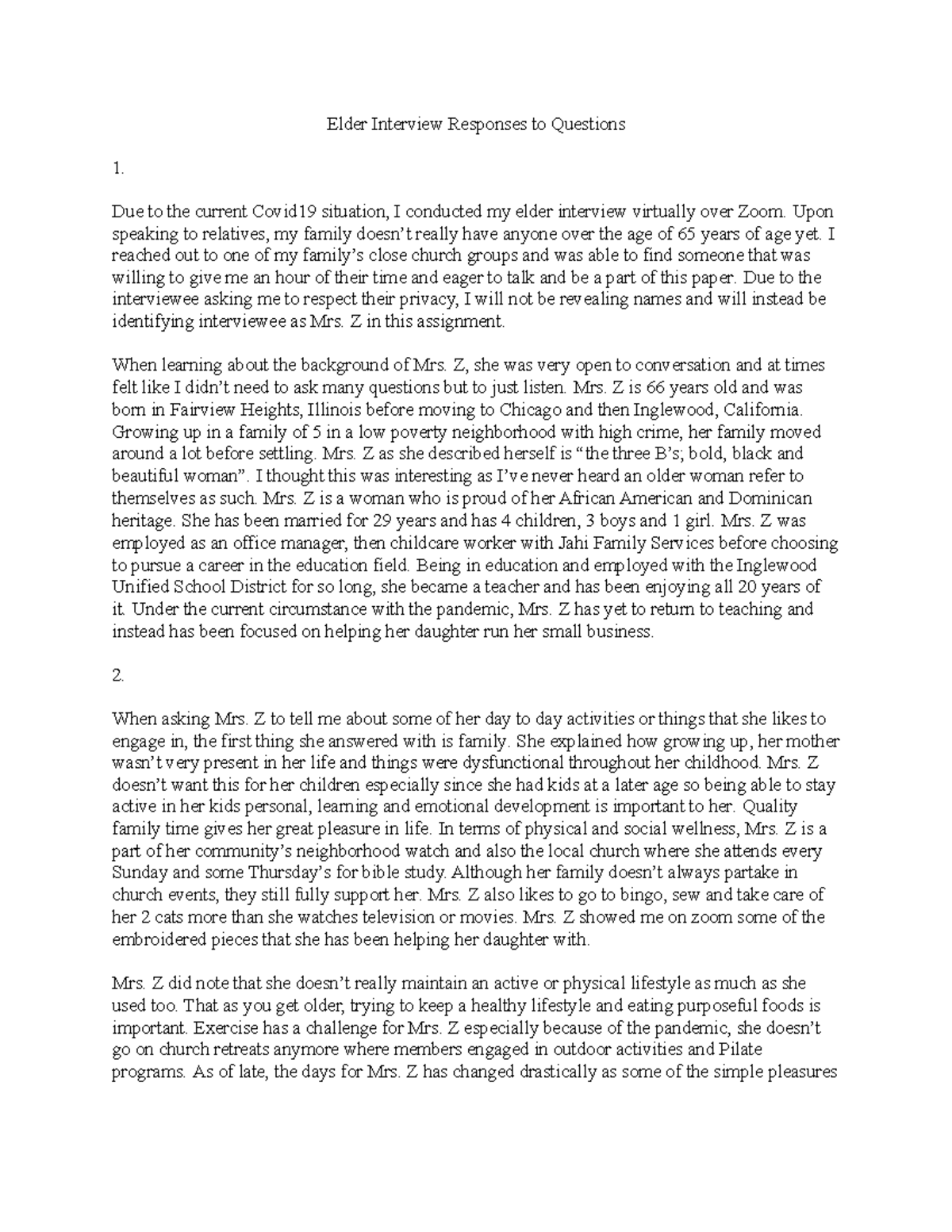 Elder Interview on Aging and Emotion - Elder Interview Responses to ...