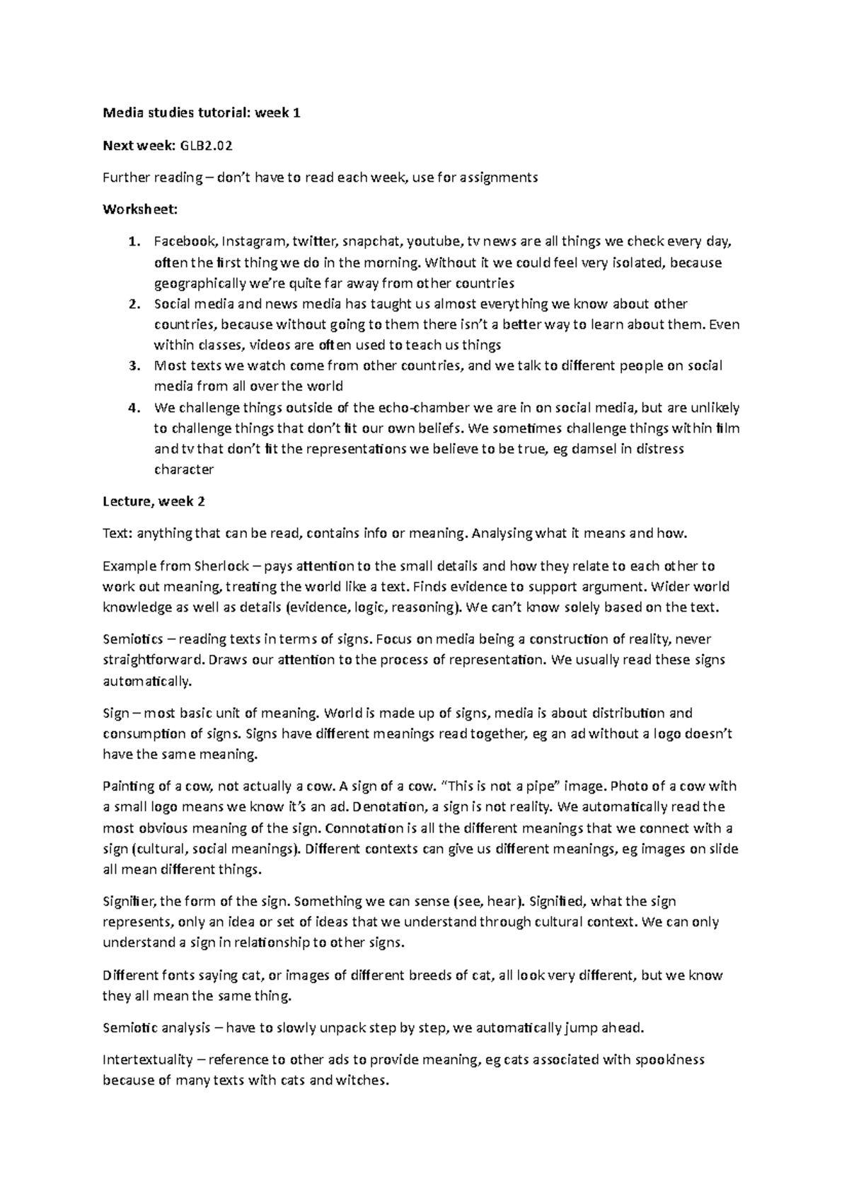 Analysing Media - Media studies tutorial: week 1 Next week: GLB2 ...