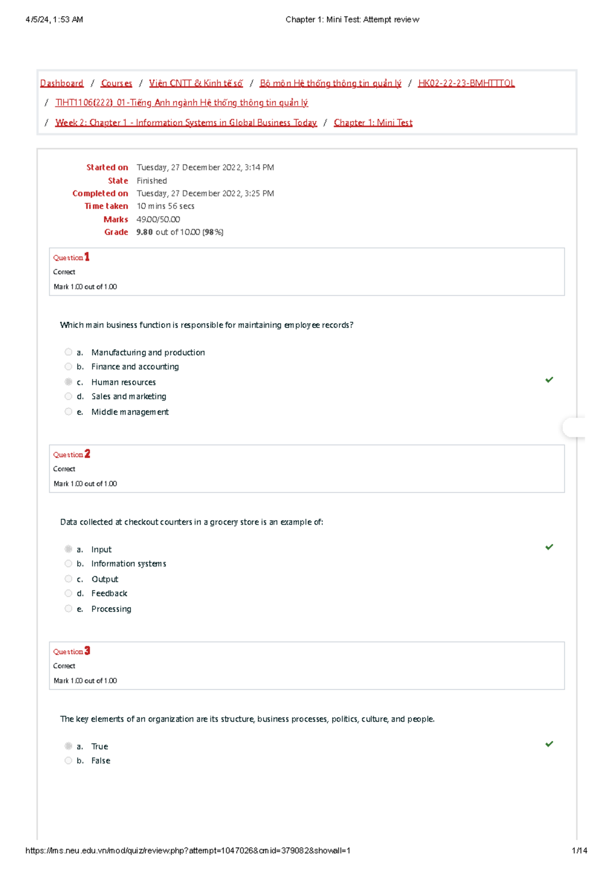 Chapter 1 Mini Test Attempt review - Dashboard / Courses / Viện CNTT ...