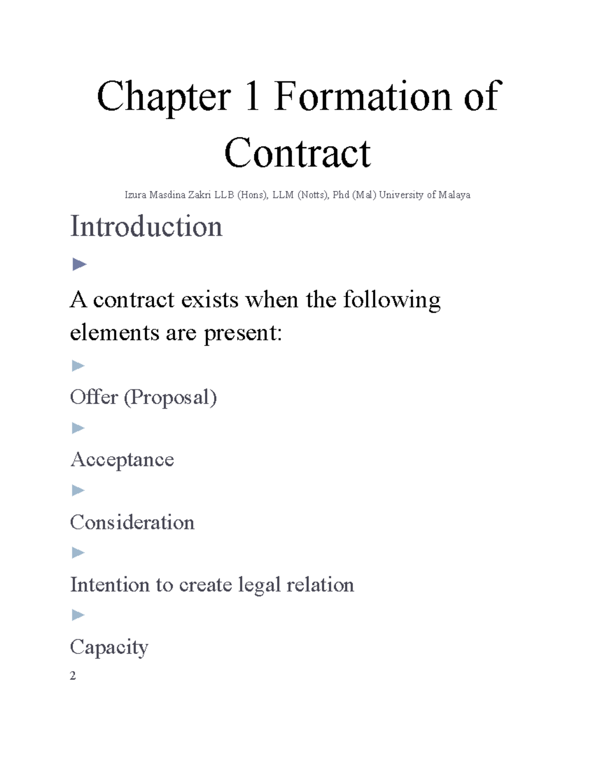 01 Contract Formation - Chapter 1 Formation of Contract Izura Masdina ...