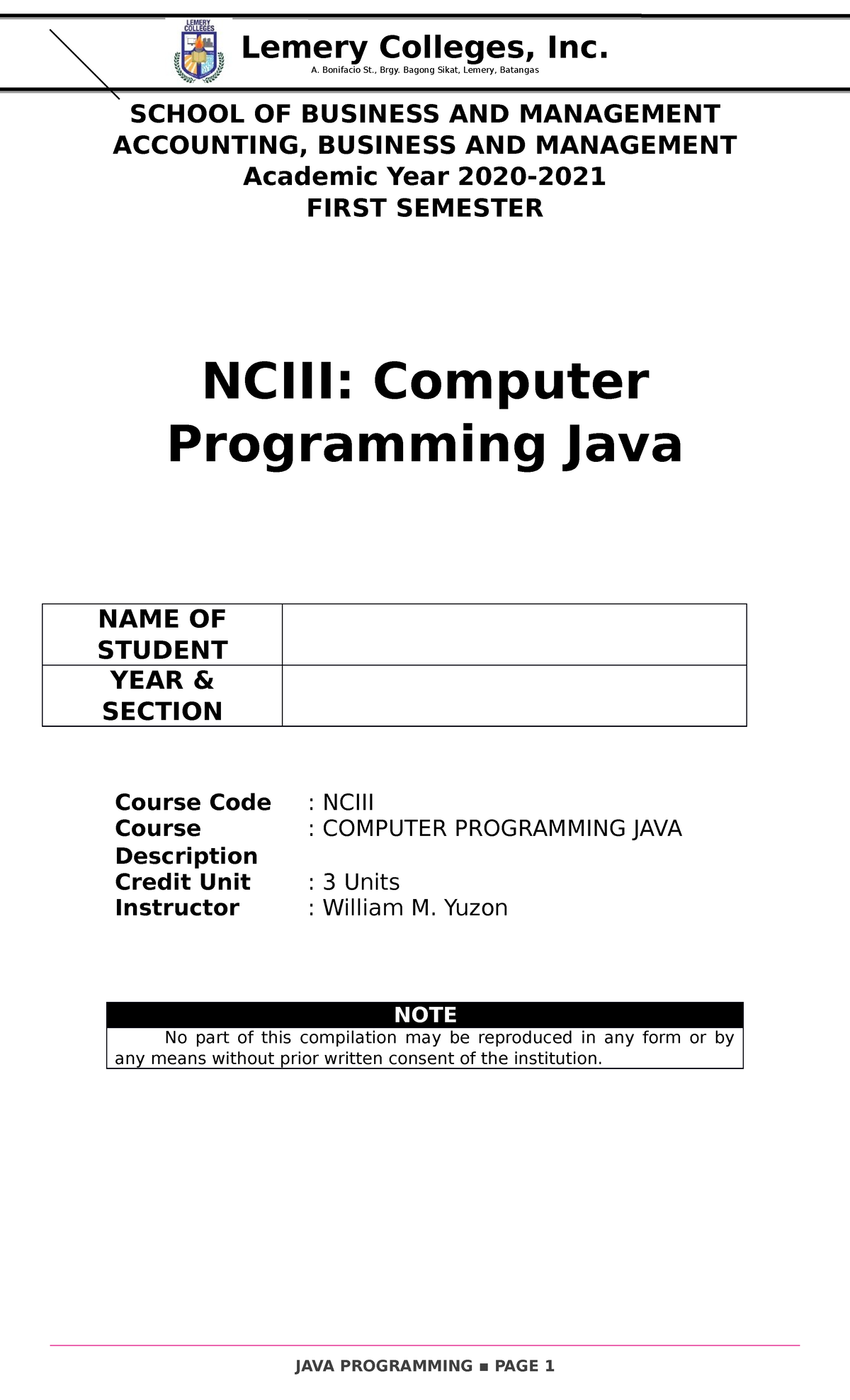 1ST- Grading-JAVA - How to program - A. Bonifacio St., Brgy. Bagong Sikat, Lemery, Batangas ...