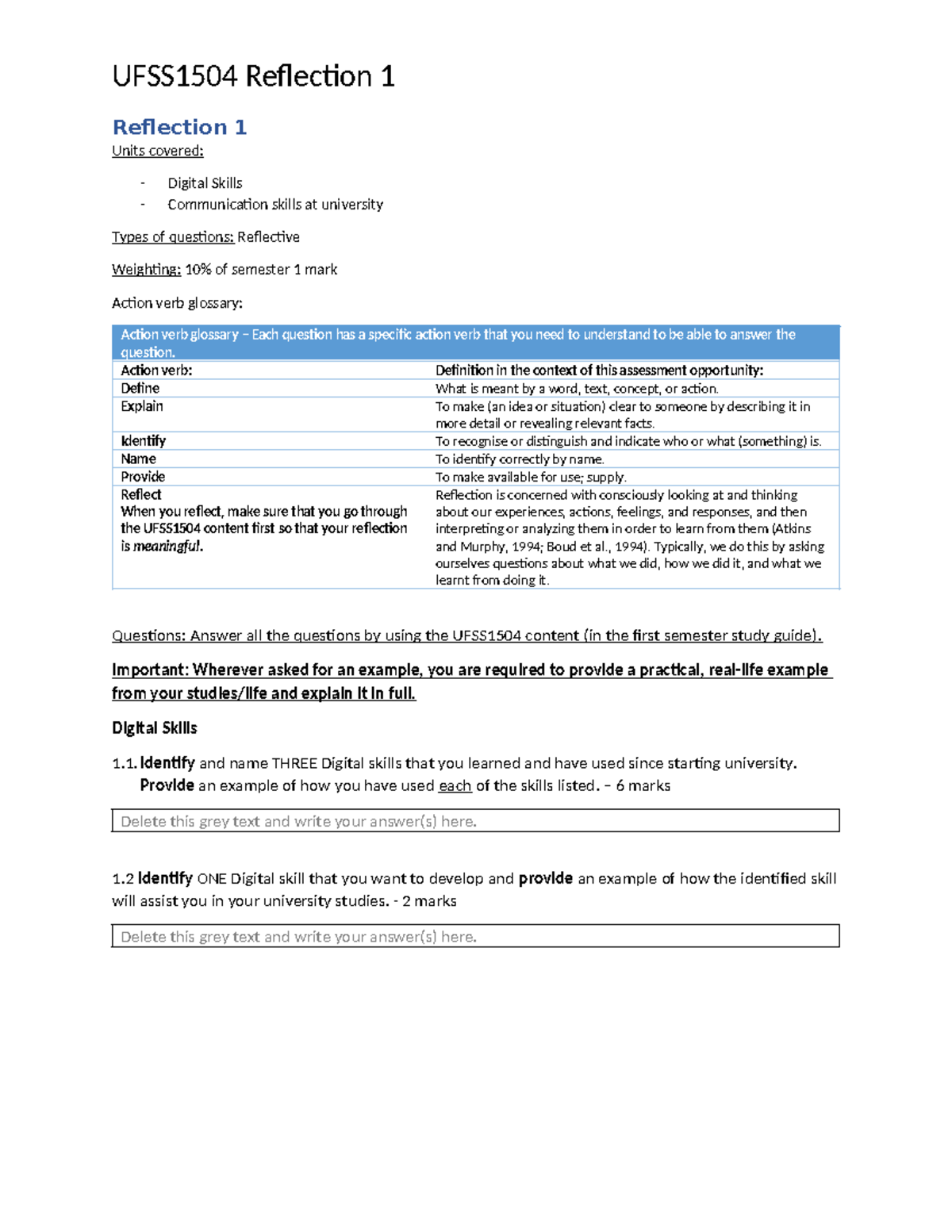Reflection 1 worksheet 2024 Final - UFSS1504 Reflection 1 Reflection 1 ...