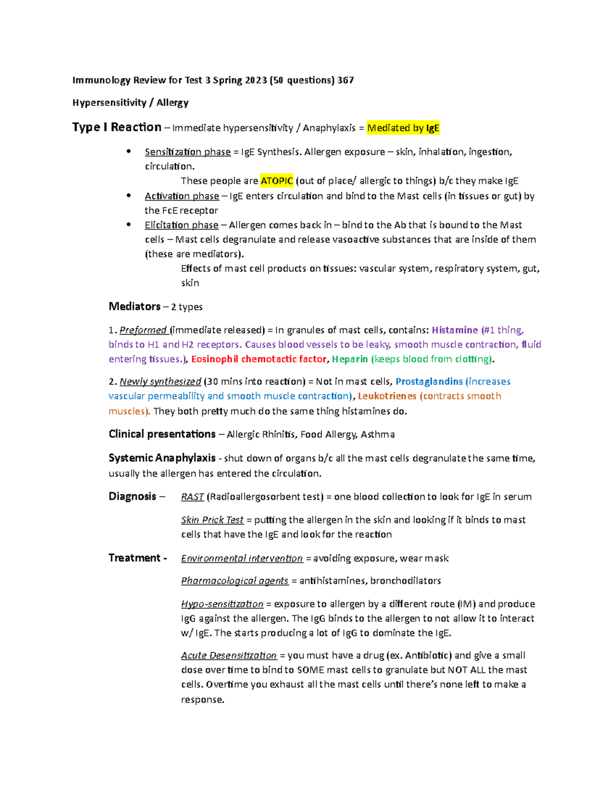 Immunology Review for Test 3 Spring 2023 - Immunology Review for Test 3 ...