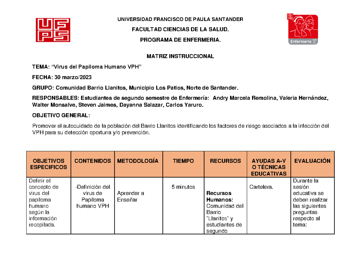 Matriz Instruccional VPH - FACULTAD CIENCIAS DE LA SALUD. PROGRAMA DE ENFERMERIA. MATRIZ - Studocu