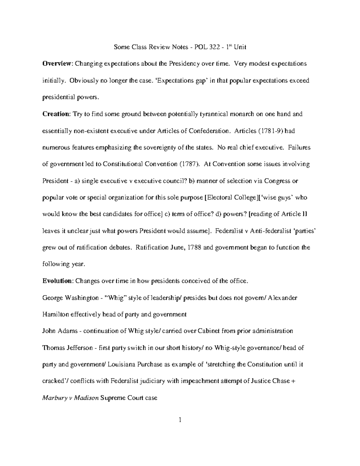 Lecture notes, review notes 1-3 - Some Class Review Notes POL 322 1st ...