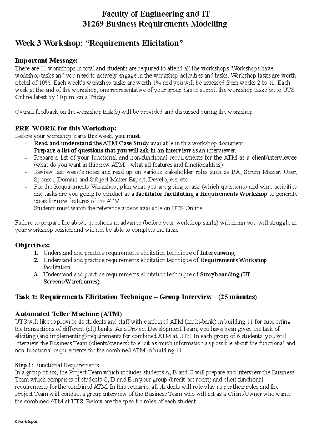Week 3 Workshop - Requirements Elicitation - Faculty of Engineering and ...