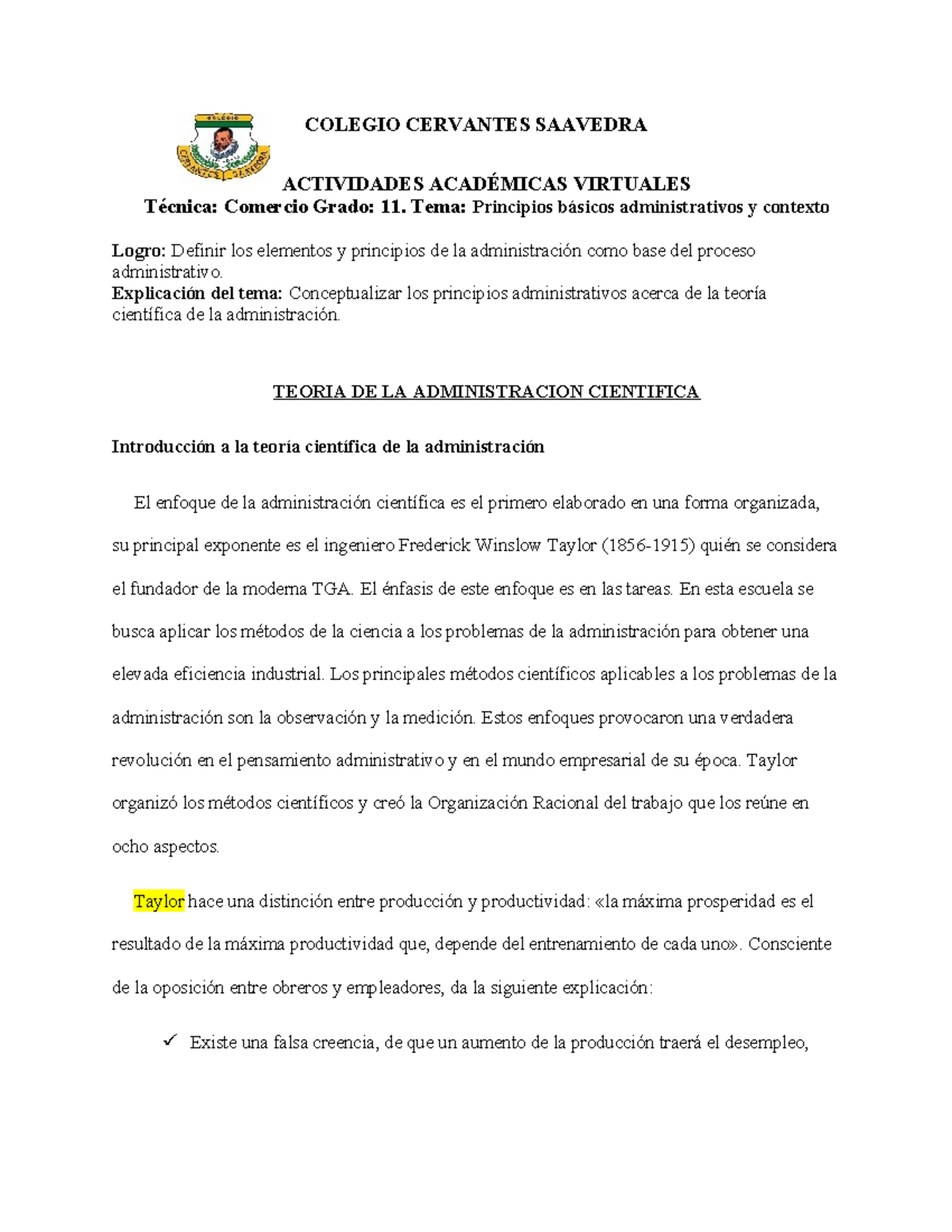 Taylor Comercio 11 - COLEGIO CERVANTES SAAVEDRA ACTIVIDADES ACADÉMICAS ...