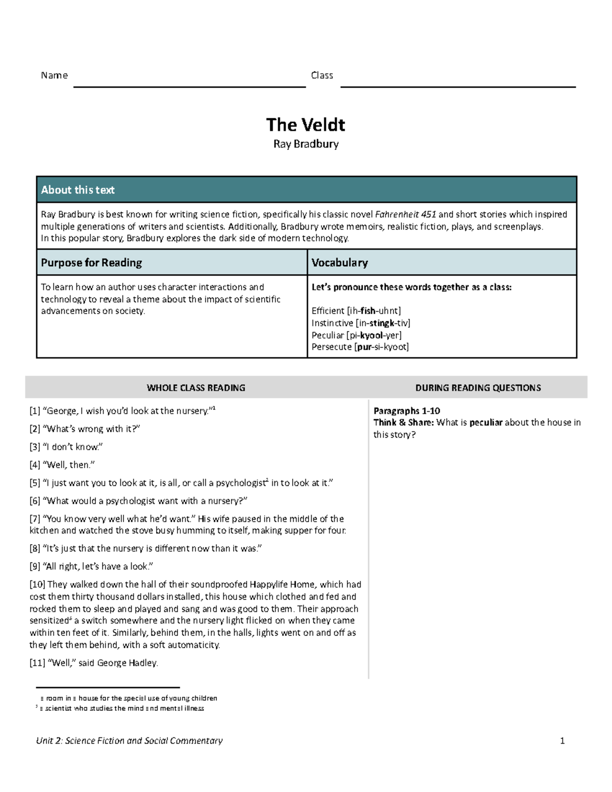 06 - Reading - Name Class The Veldt Ray Bradbury About this text Ray ...