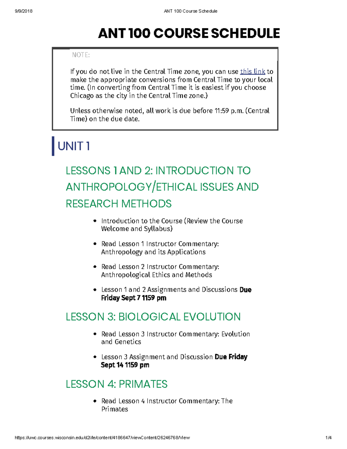 Course Calendar - Lecture notes 1 - ANT 100 Course Schedule ANT 100 ...