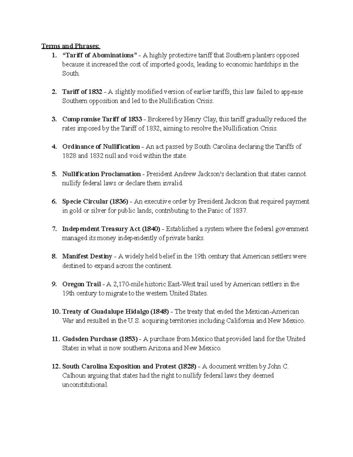 Final exam extra credit - Terms and Phrases: 1. “Tariff of Abominations ...