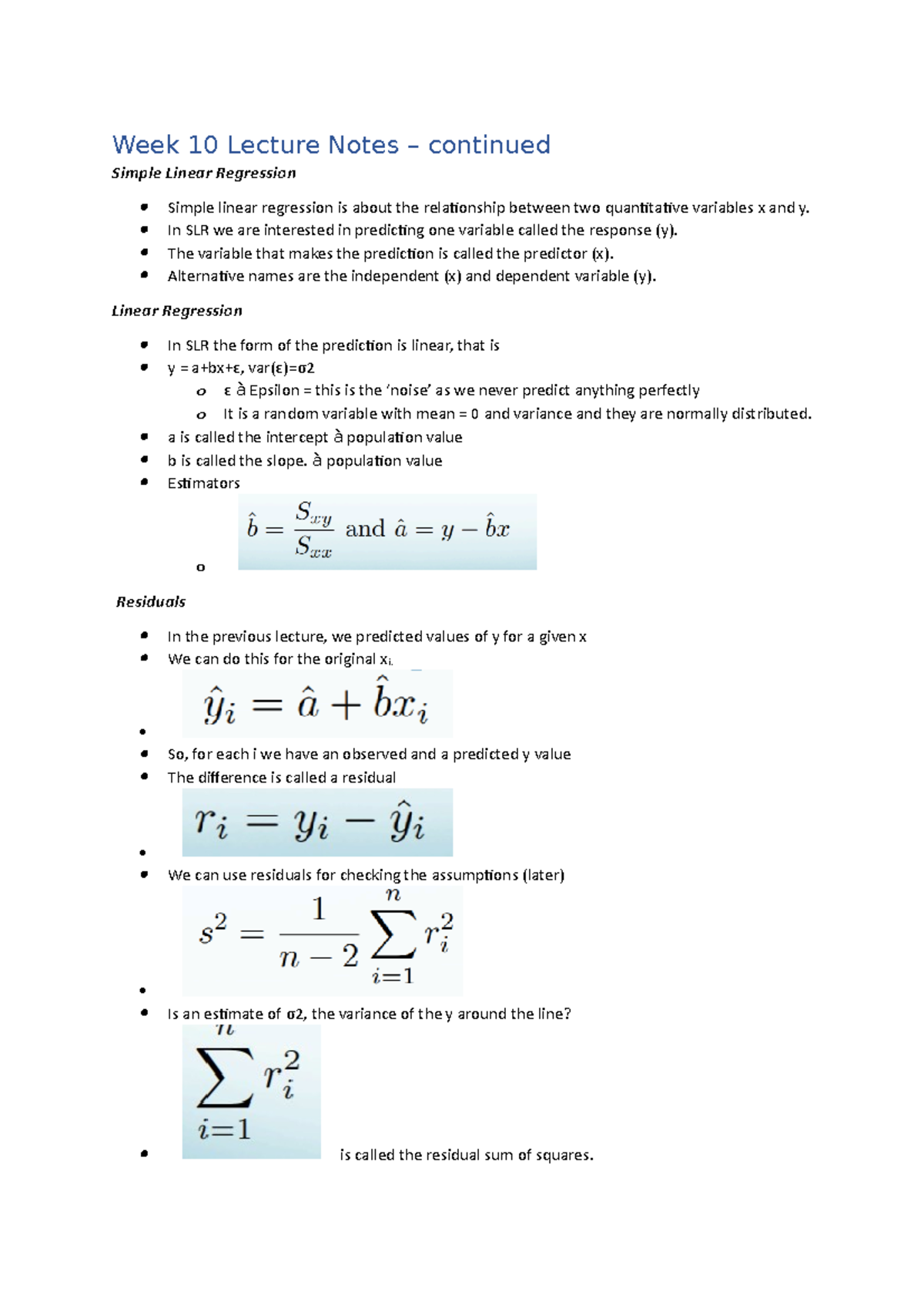 Week 10 Linear Regression - Week 10 Lecture Notes – continued Simple ...