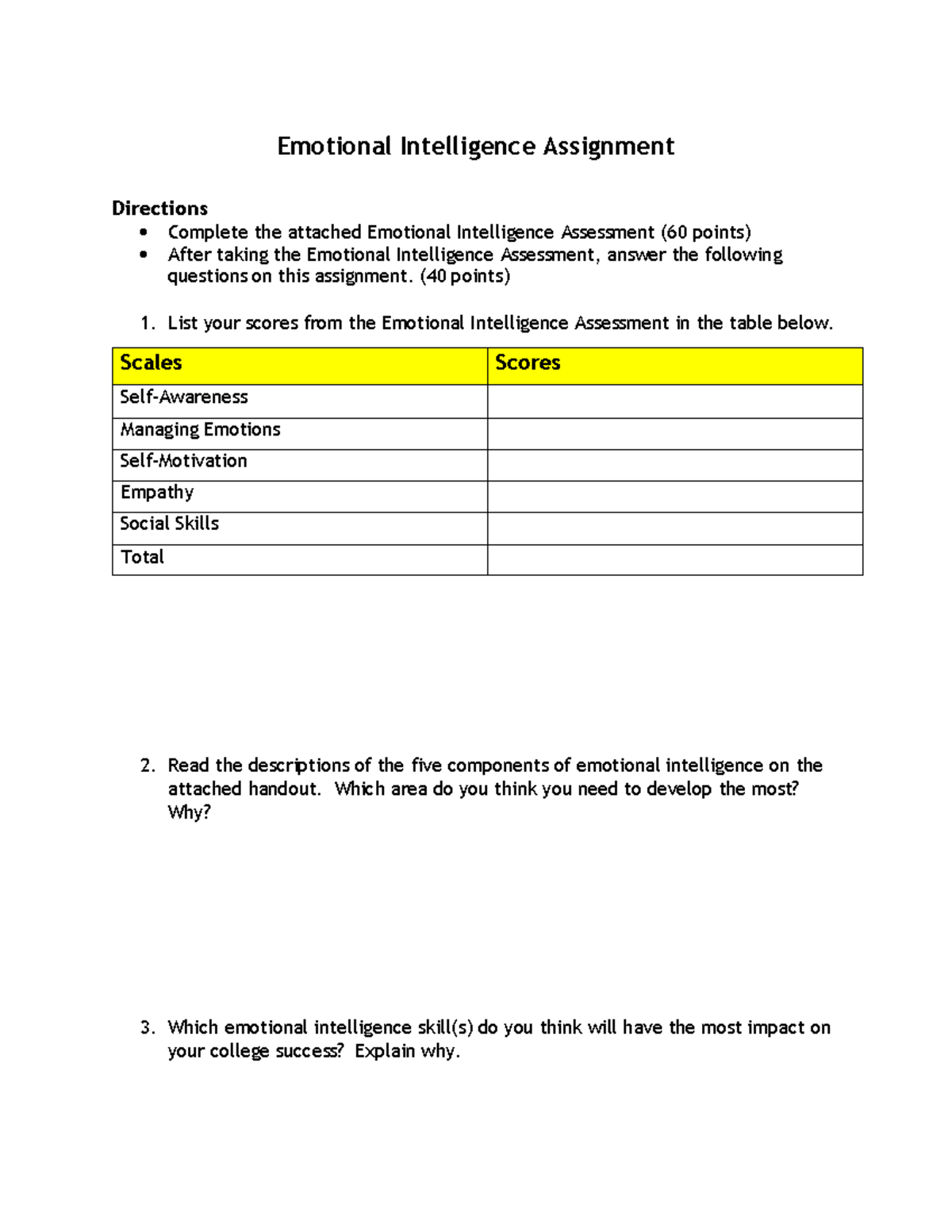 emotional intelligence assignment - Emotional Intelligence Assignment Directions Complete the ...